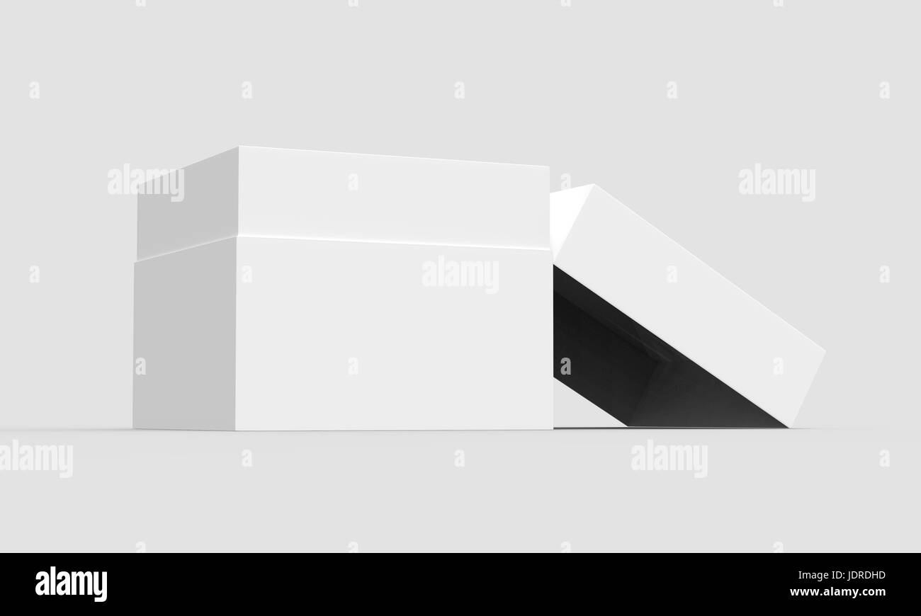 right tilt white 3d rendering blank square open box, isolated gray ...