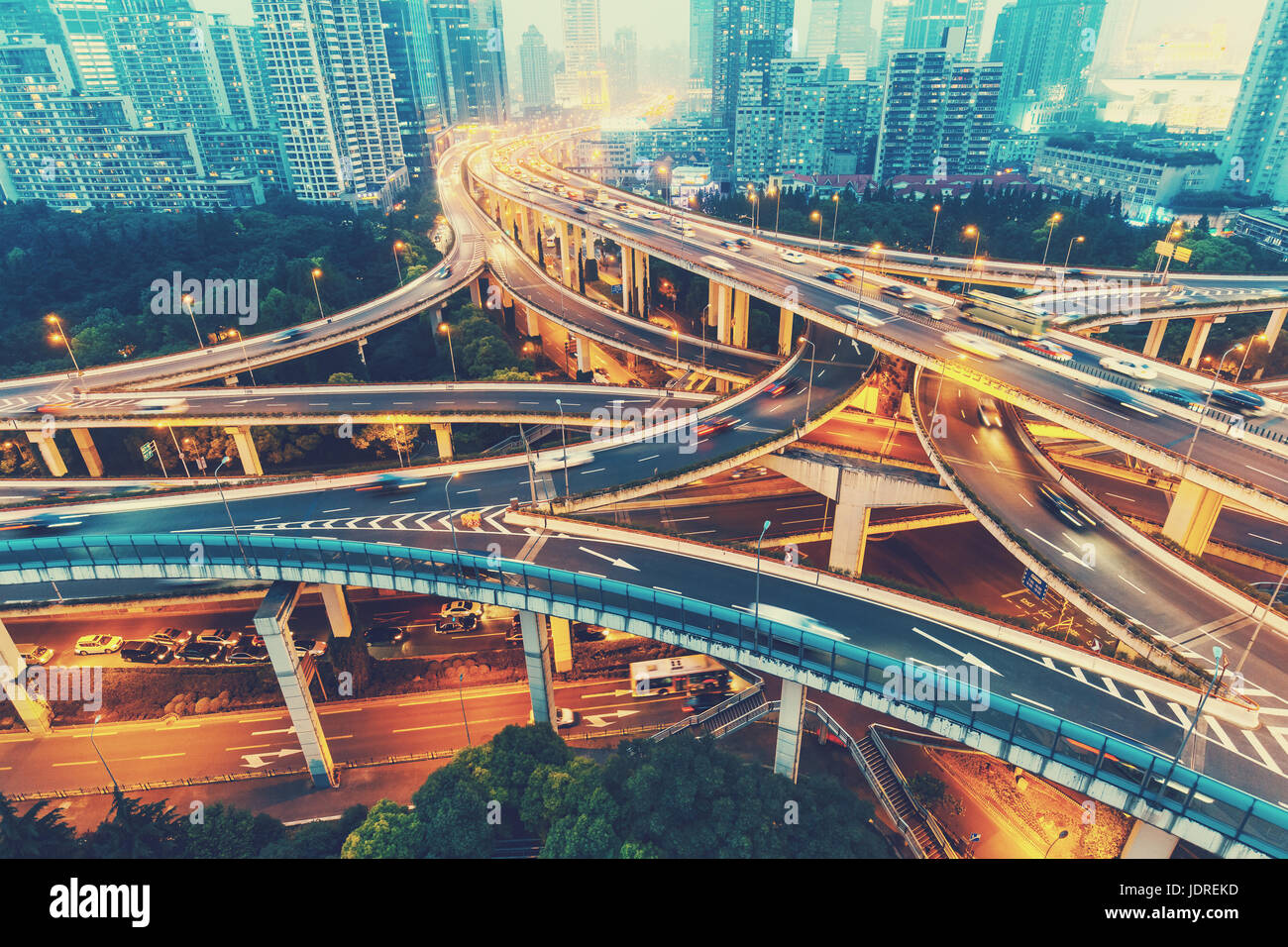 View over the famous Dragon highway intersection in Shanghai, China ...