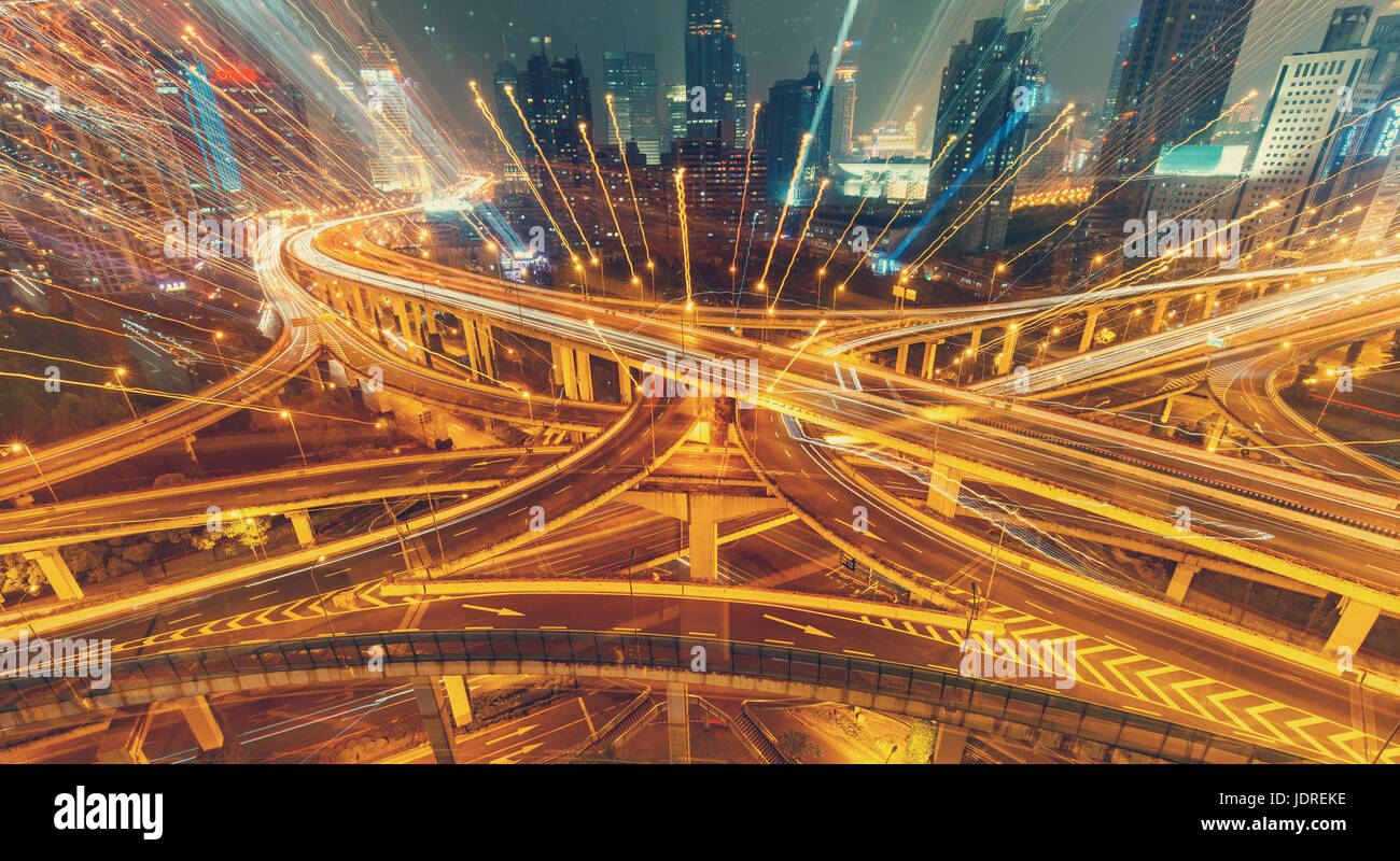 View over the famous Dragon highway intersection in Shanghai, China ...