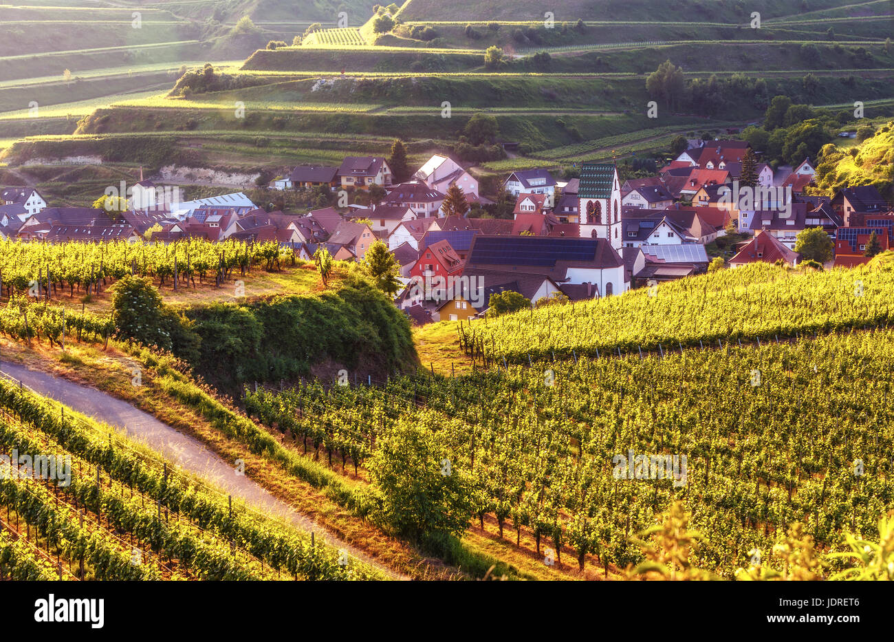 Countryside landscape with medieval village, traditional houses and ...