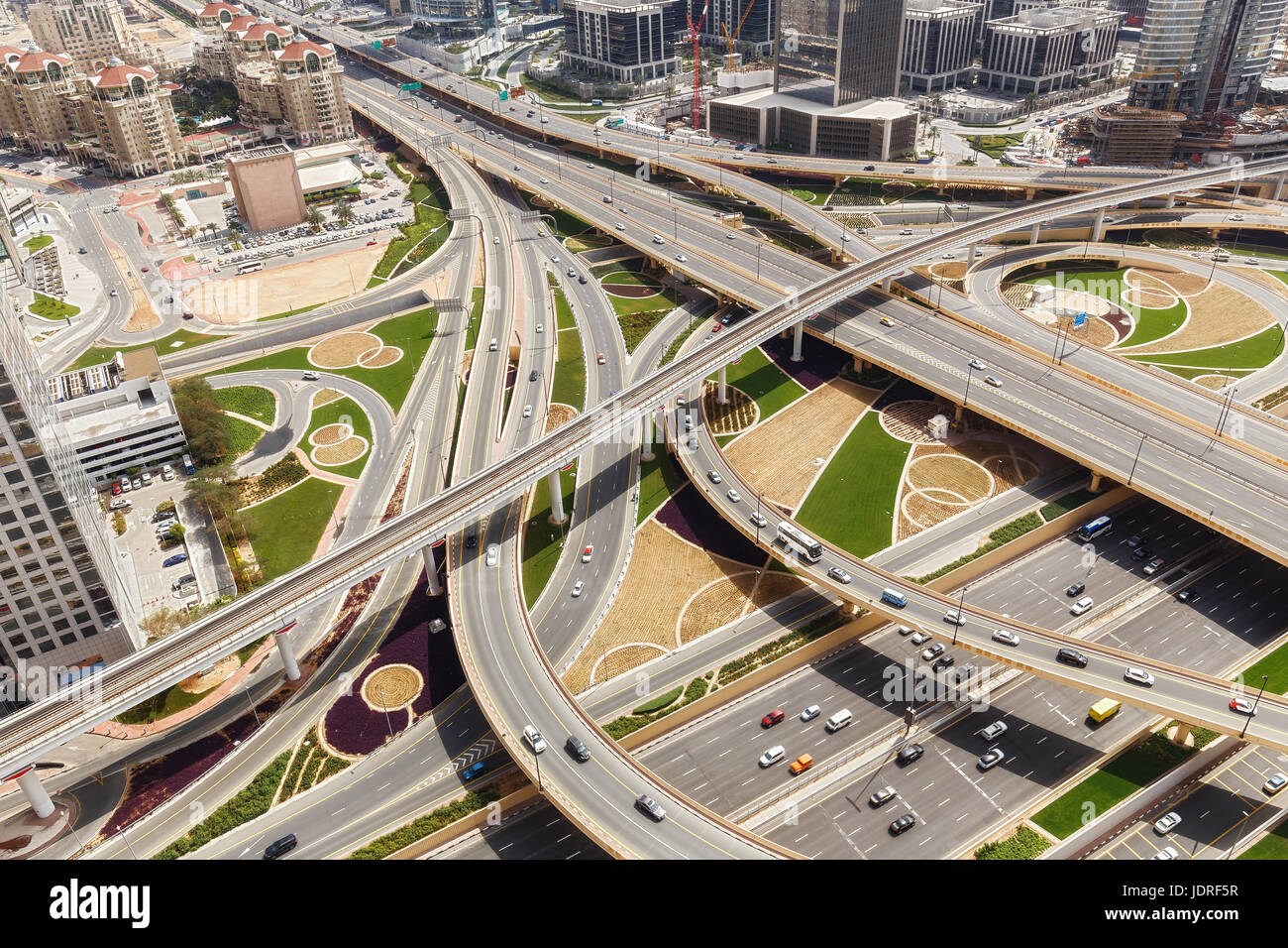 Scenic aerial view of famous highway intersection in Dubai, UAE, at day ...
