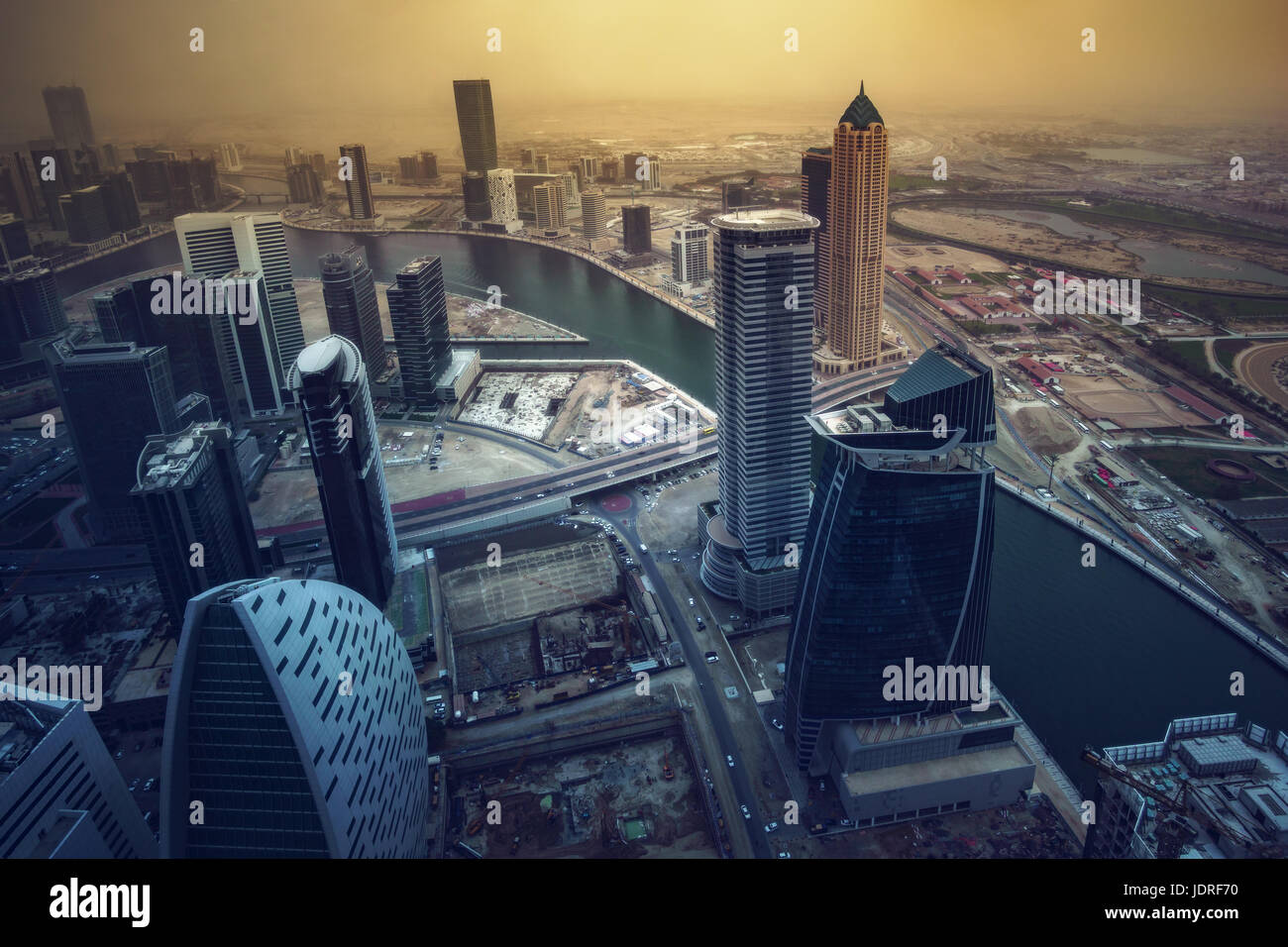 Aerial view over the executive towers of downtown Dubai, United Arab ...