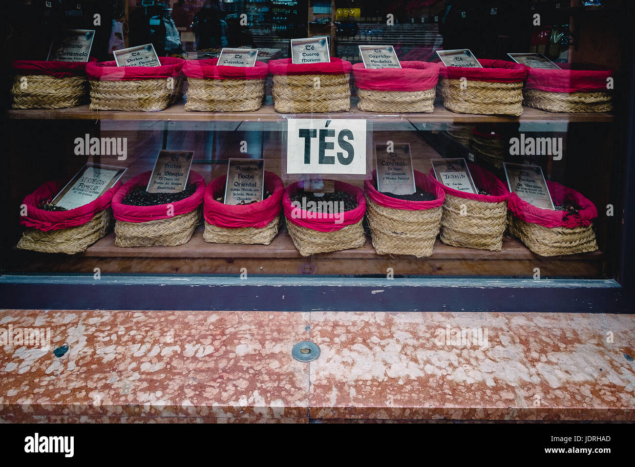 Selection of teas in shop windown in Granada, Spain, Andalucia Stock ...