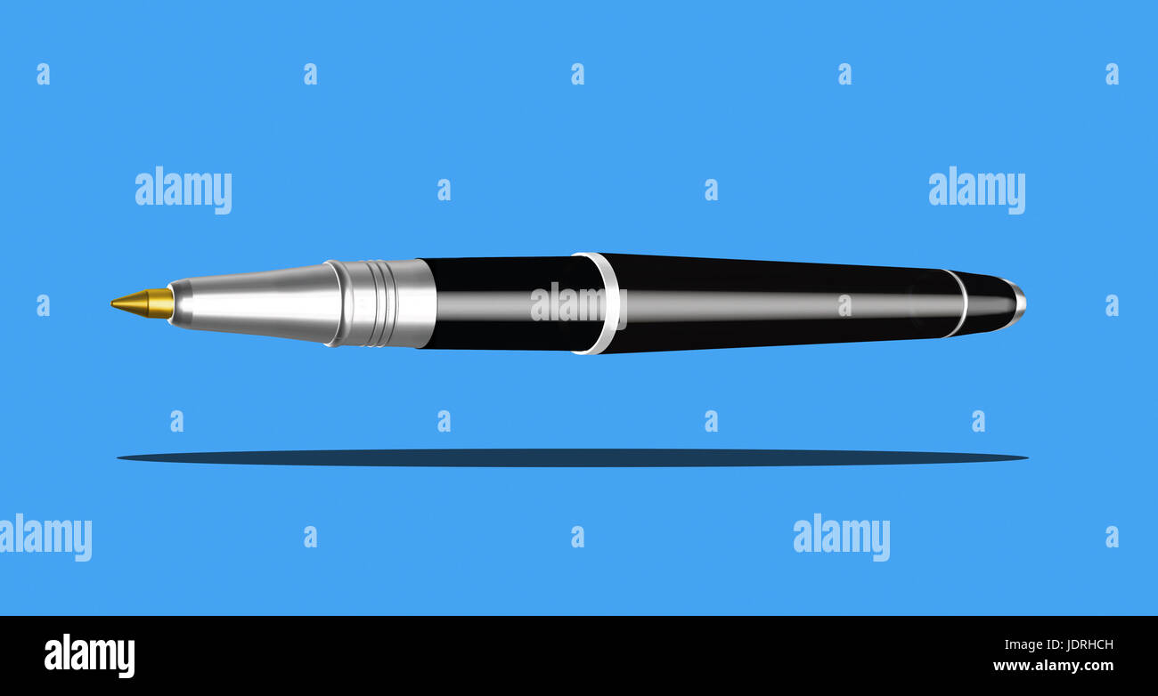 beautiful side view of ballpoint pen floating on blue background with ...