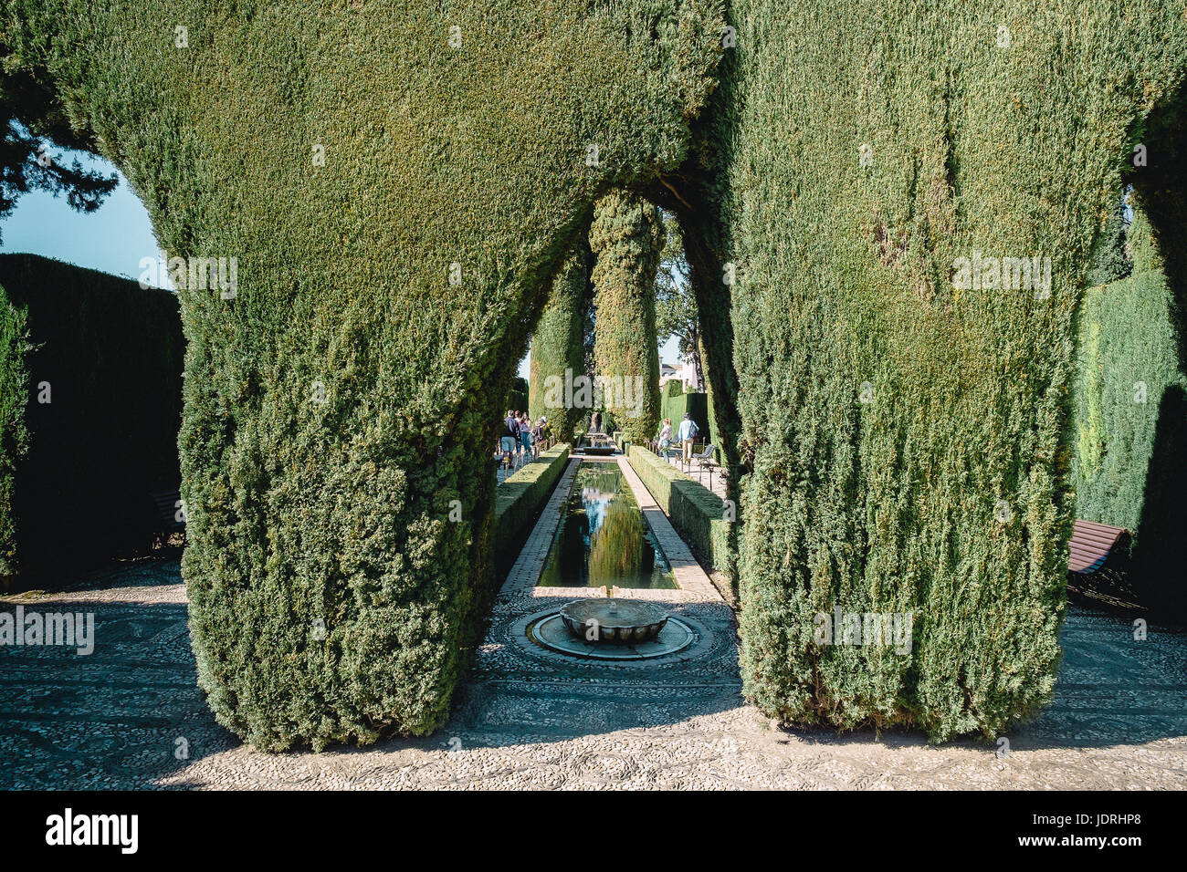 pool through the hedge at Generalife gardens at the Alhambra, Granada ...
