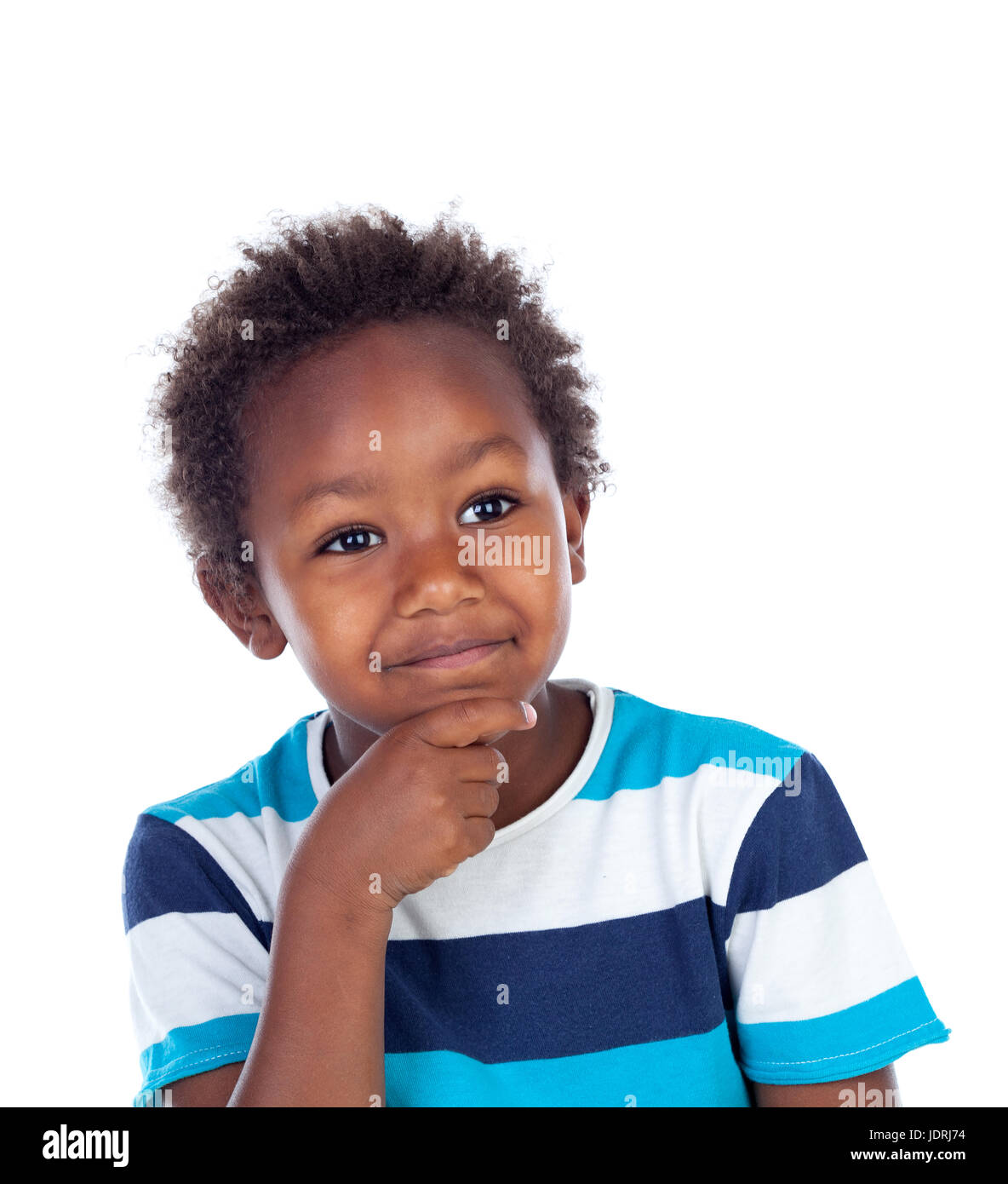 Adorable afroamerican child thinking isolated on a white background ...