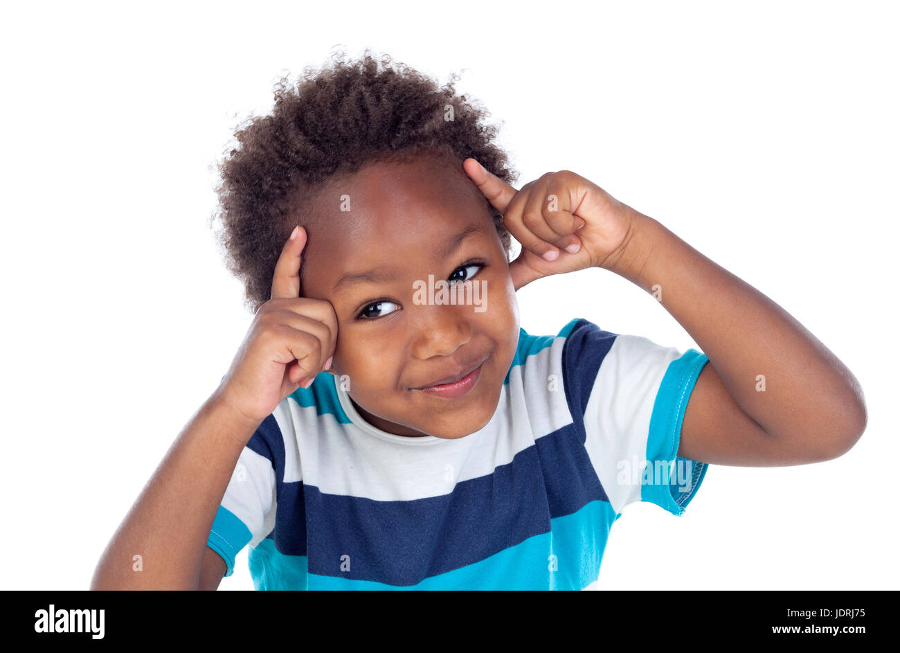 Adorable afroamerican child thinking isolated on a white background ...