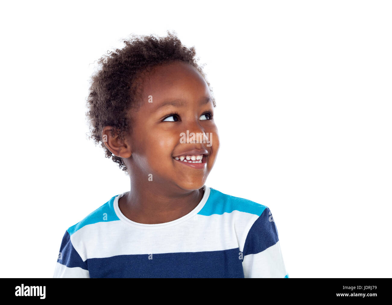 Adorable afroamerican child looking up isolated on a white background ...