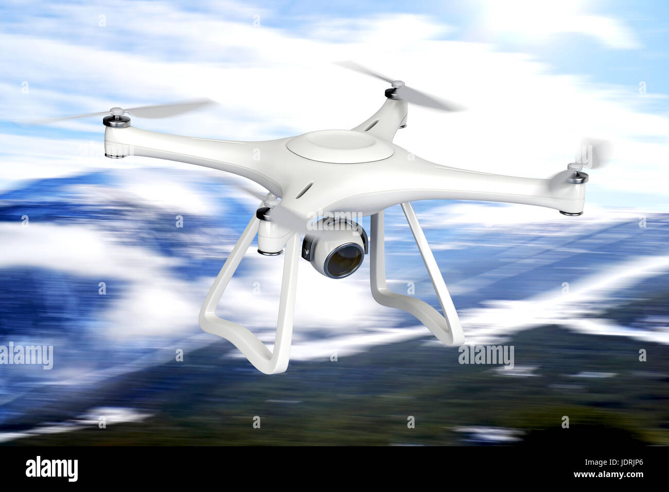 Drone equipped with high resolution camera, fly over the mountain Stock ...