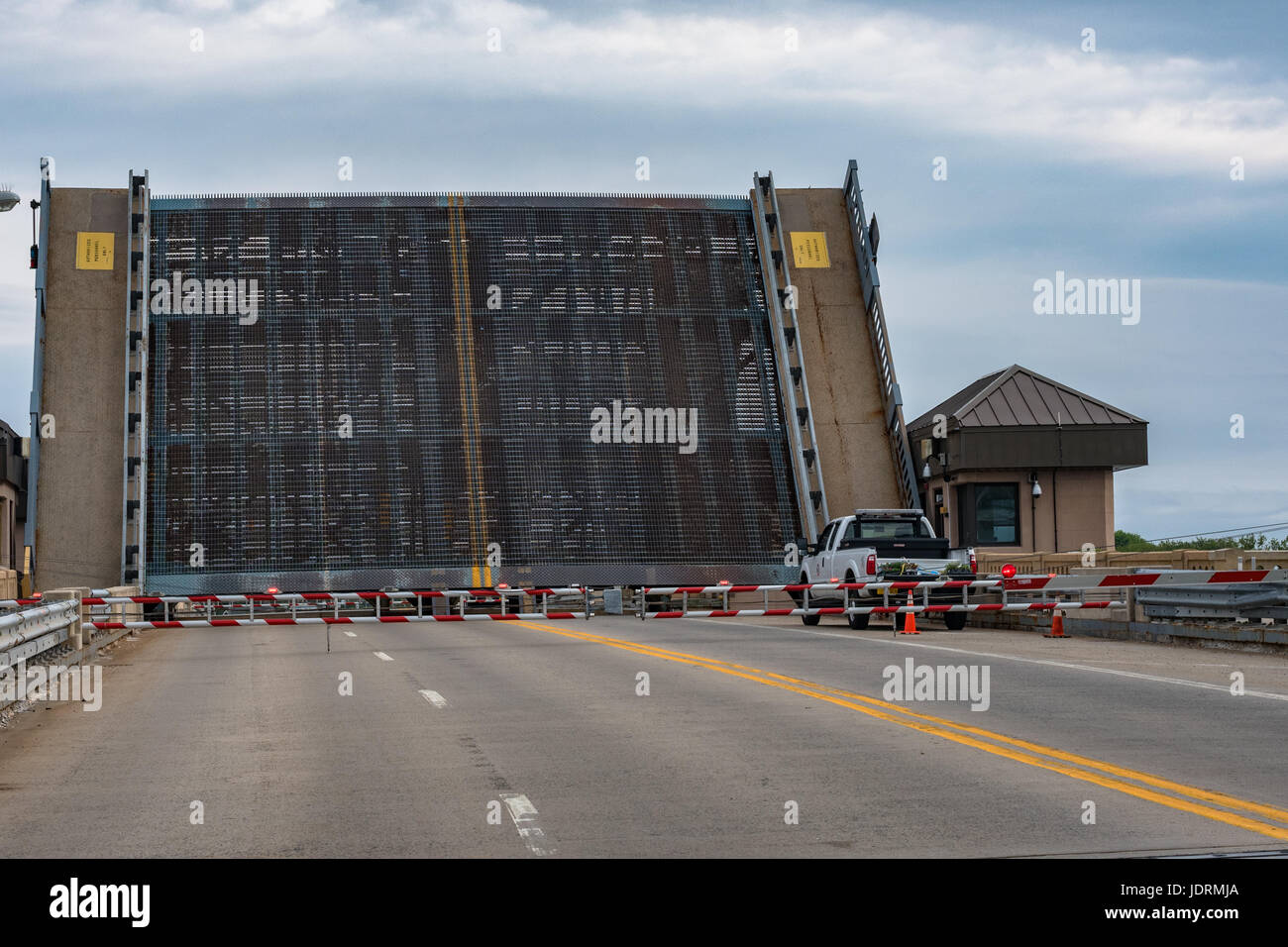 Belmar, NJ USA -- June 14, 2017 A drawbridge over the Shark River is ...