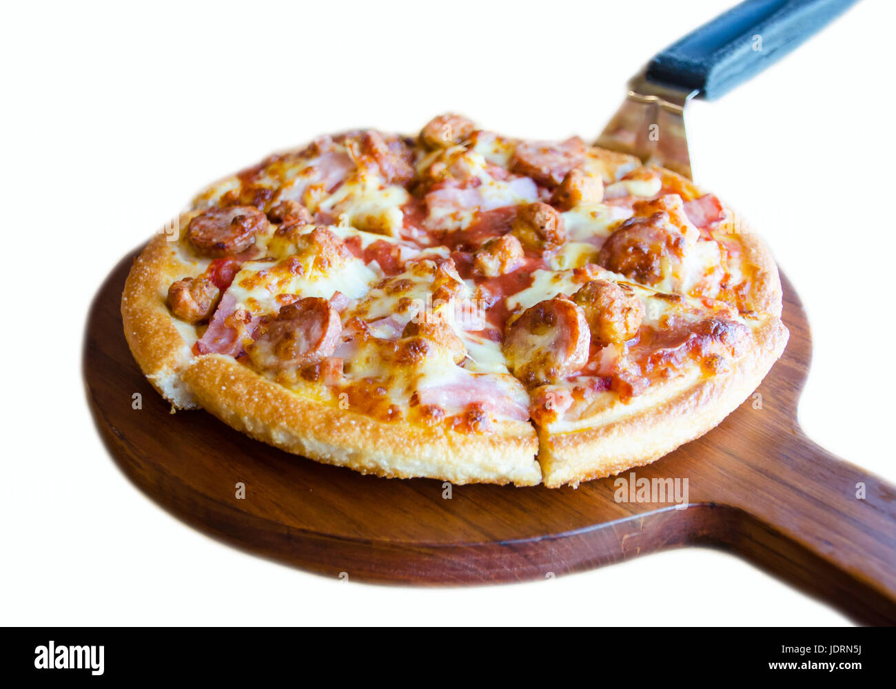 pizza with ham cheese on white background Stock Photo - Alamy