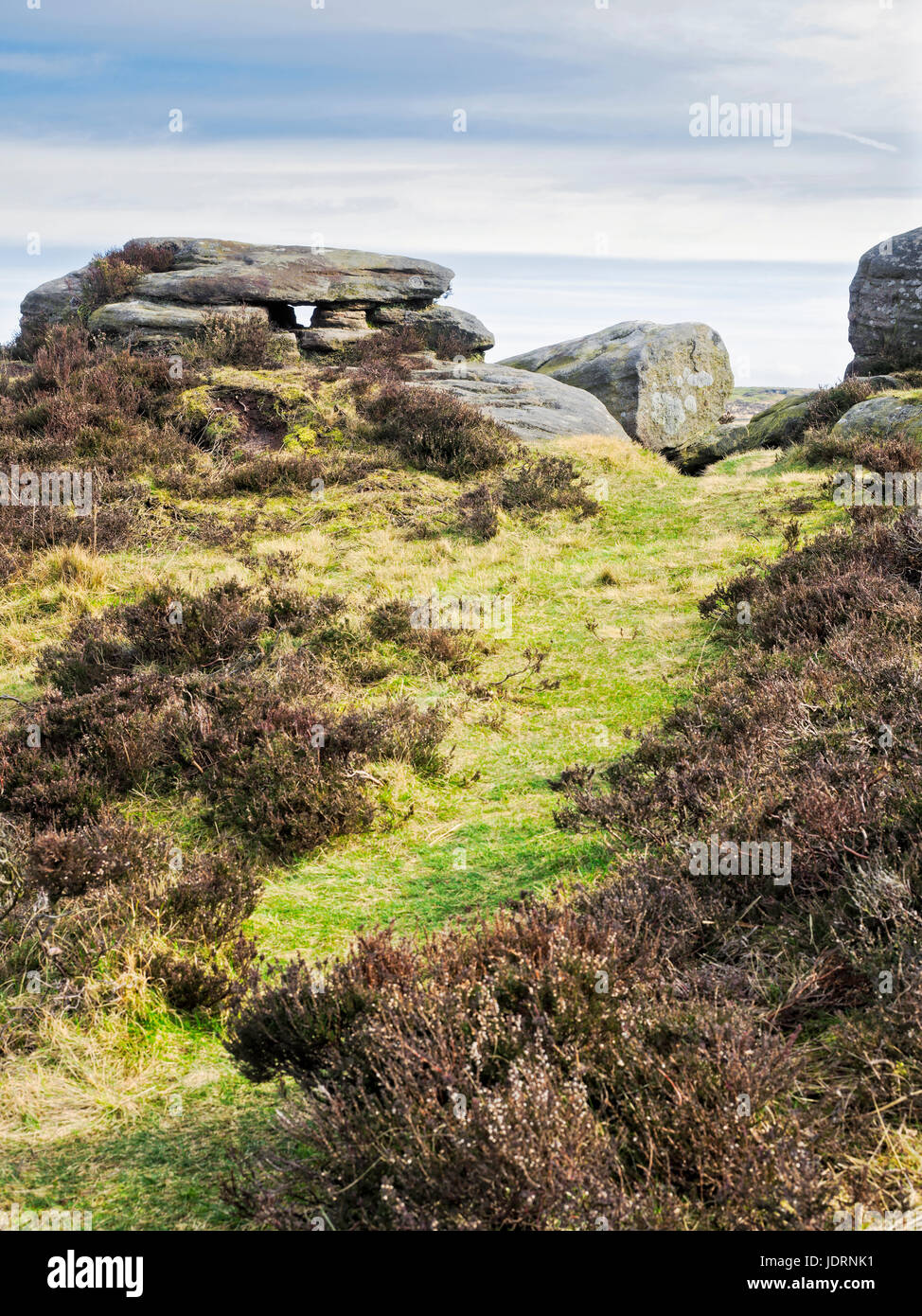 Rock formations block a footpath on Curbar Edge, Hope Valley ...