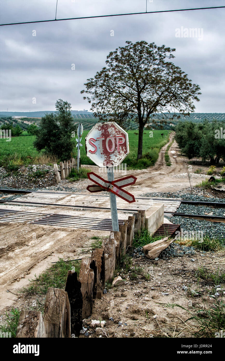 Road sign railway level crossing without gate or barrier ahead hi-res ...
