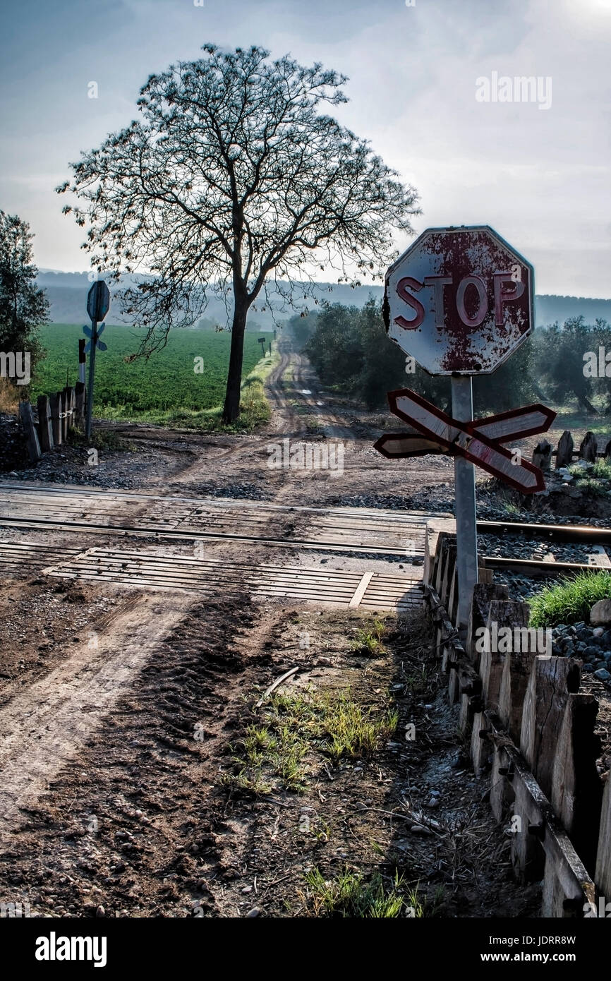 Road sign railway level crossing without gate or barrier ahead hi-res ...