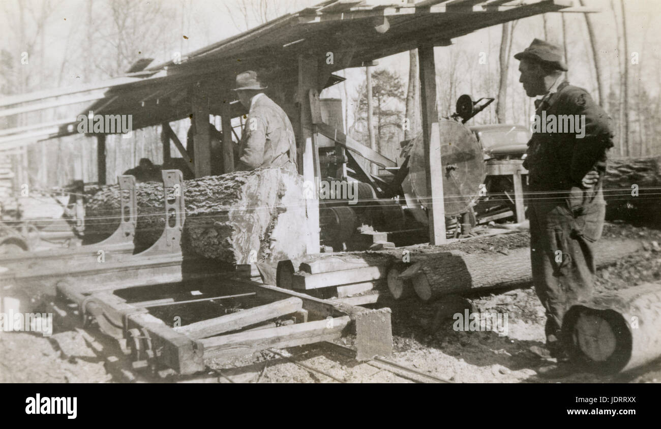 Antique c1930 photograph, log splitting operation. Location is probably ...
