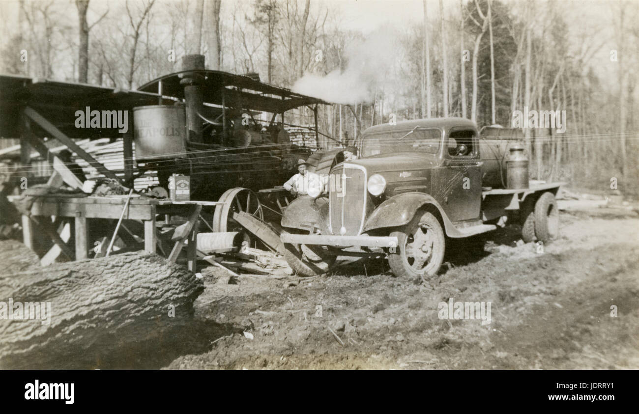 Antique c1930 photograph, log splitting operation. Location is probably ...