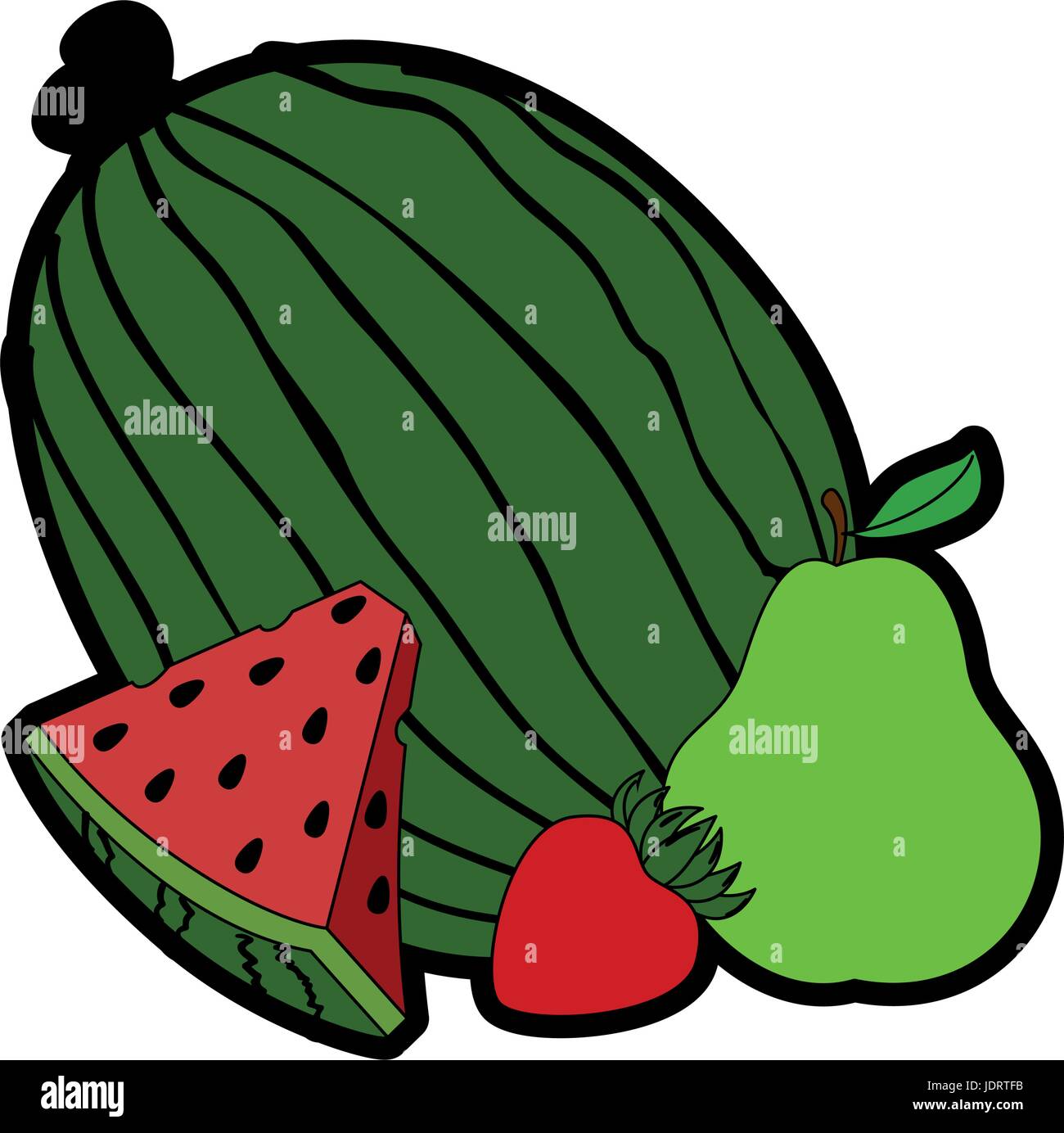 watermelon, pear and strawberry fruits icon over white background ...