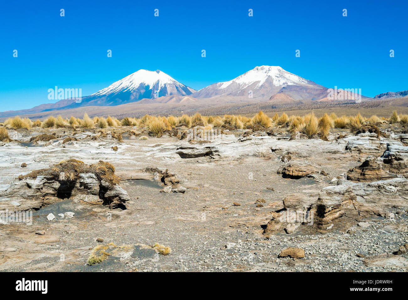 Twin volcanos Parinacota and Pomerape in Sajama National Park, Bolivia ...