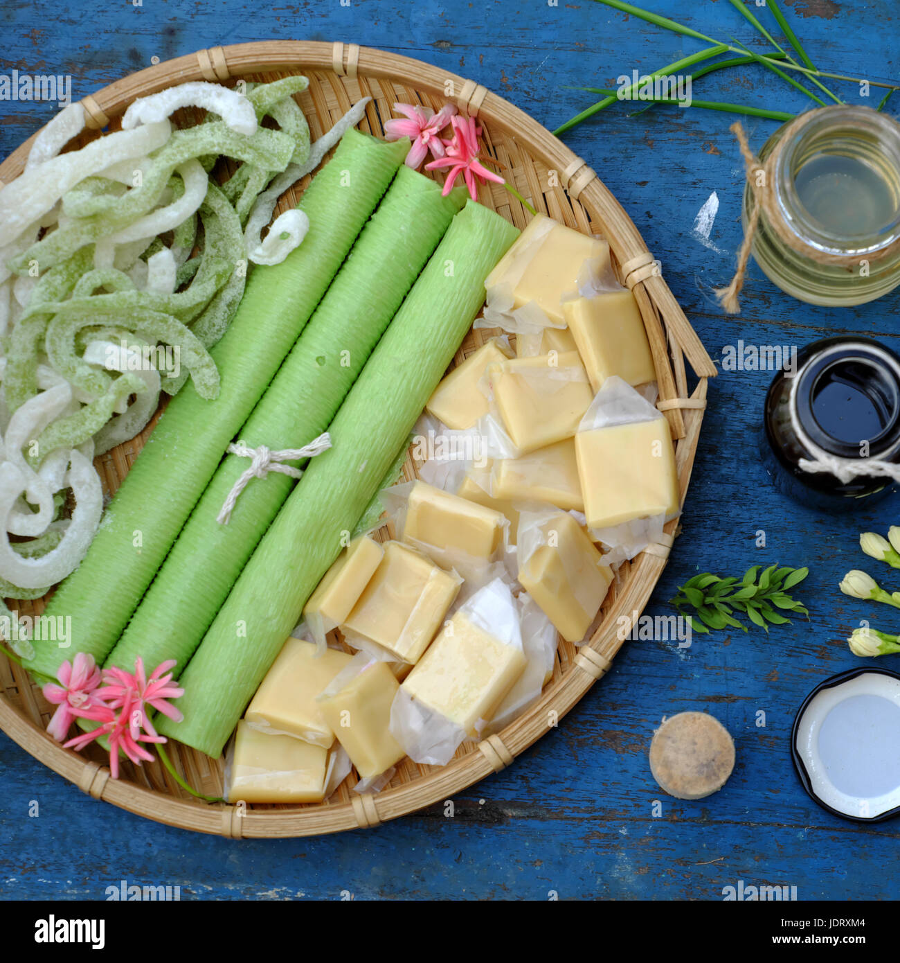 Group of product from coconut with candy, milk rice paper, coconut oil ...