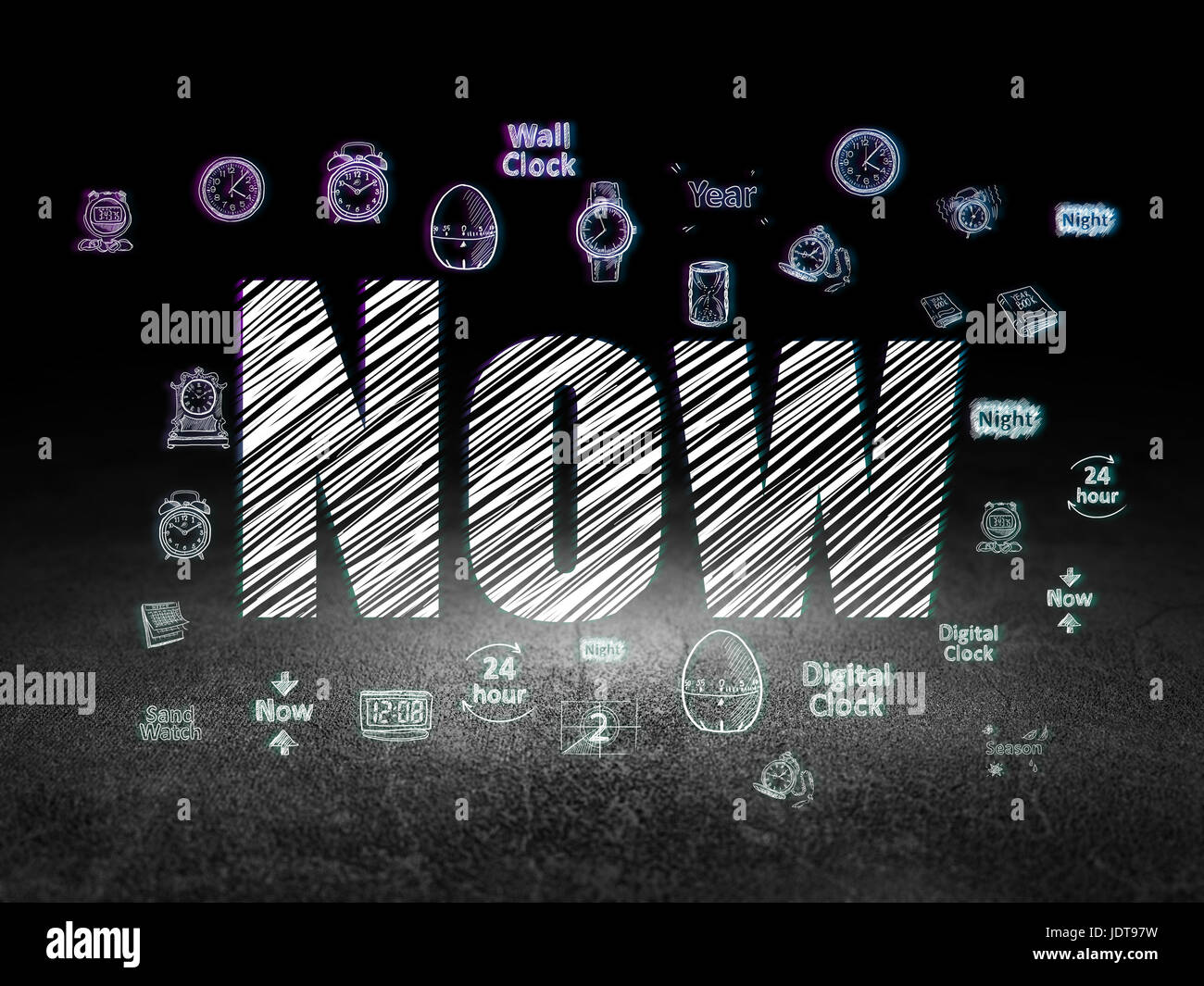 Timeline concept: Now in grunge dark room Stock Photo - Alamy
