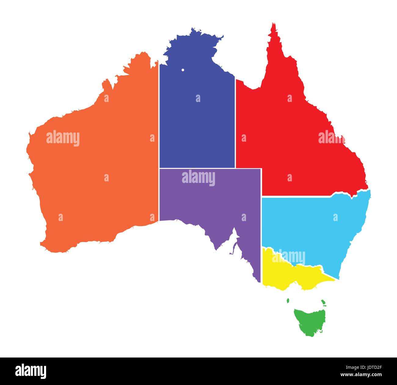 Colour silhouette map of the Australian states over a white background ...