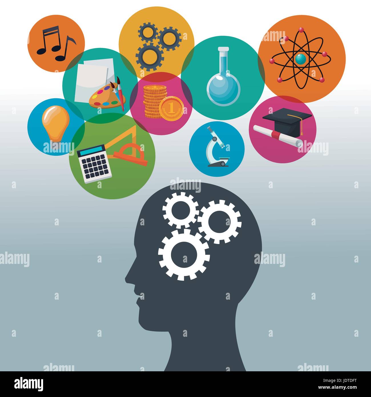 color background human head with mechanisms and bubbles icon knowledge ...