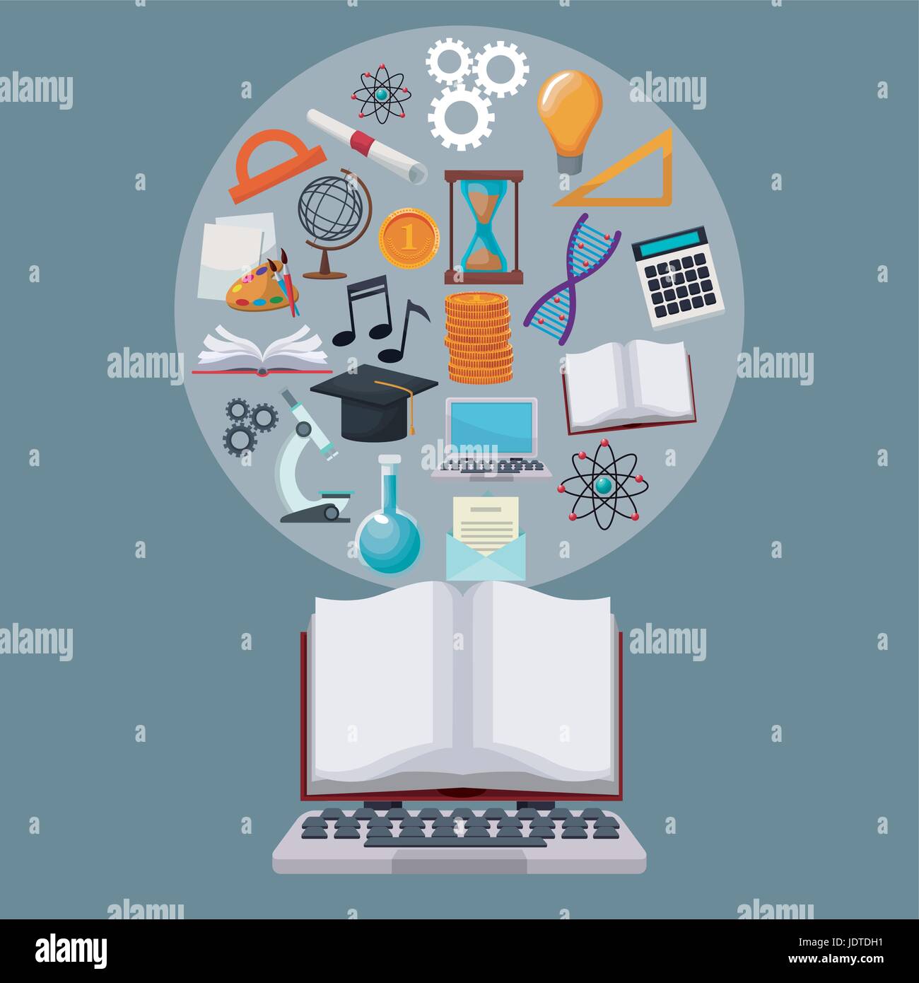 tech laptop and display open book with circular border icons academic ...