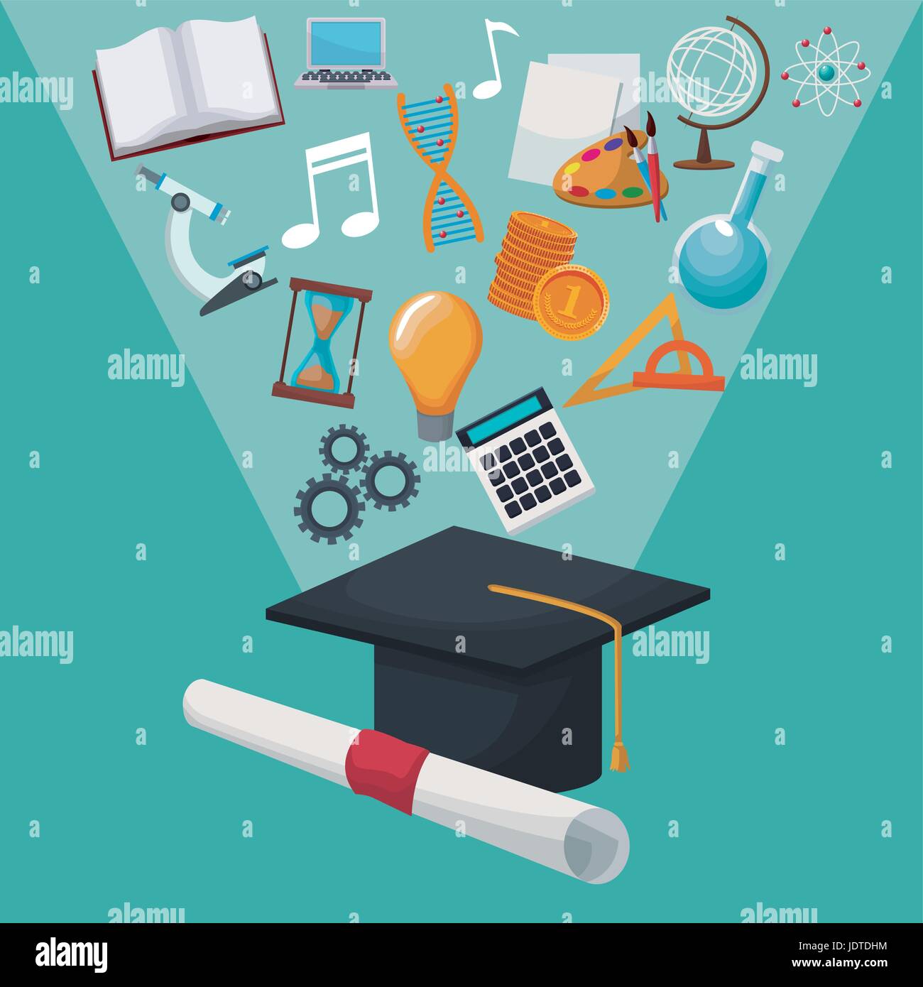 color background graduation cap and certificate with light halo icons ...