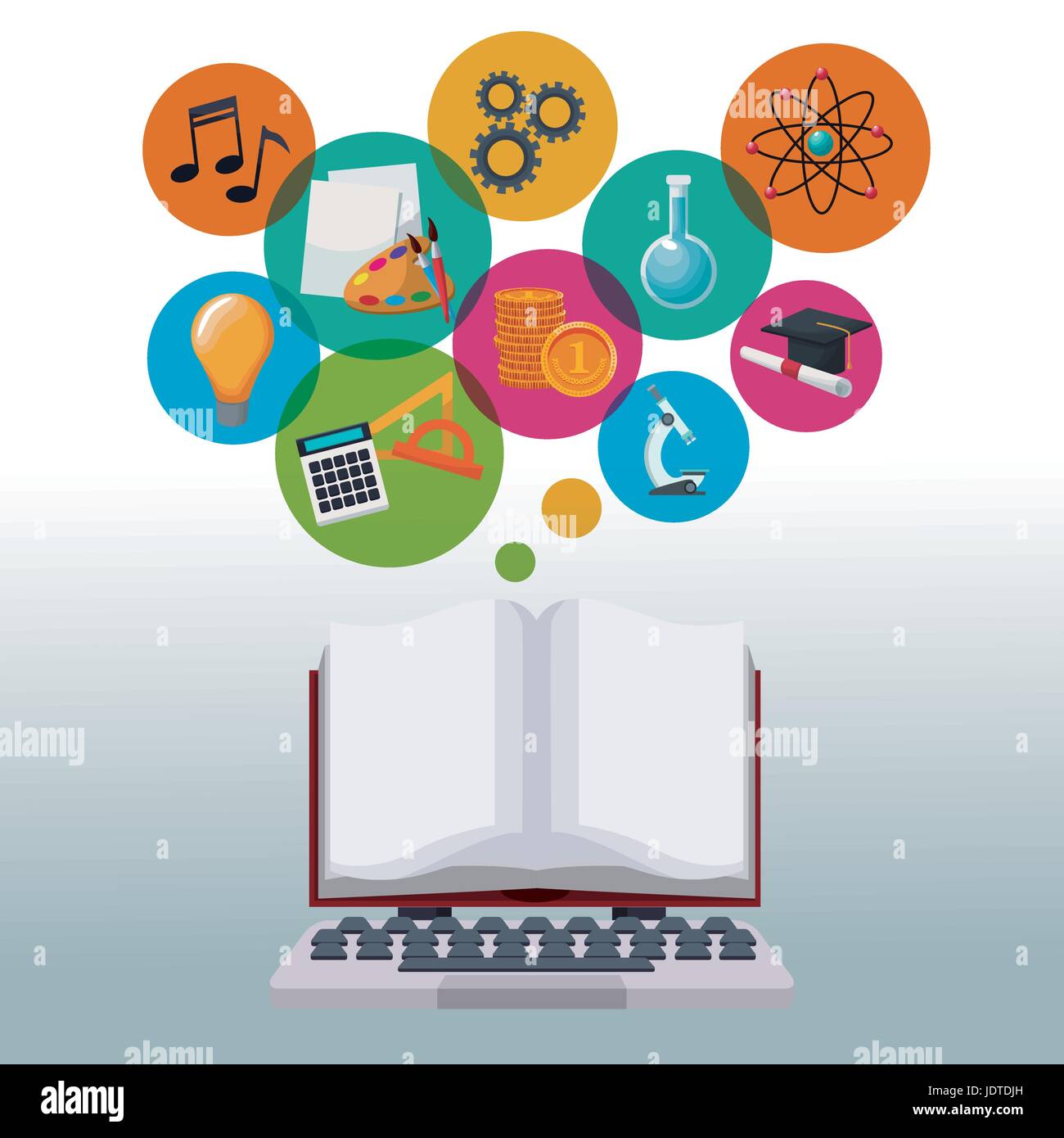 tech laptop and display open book with bubbles icons academic knowledge ...