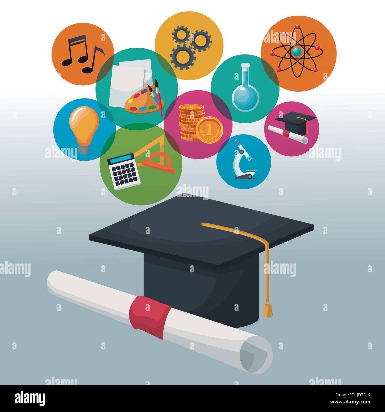 graduation cap and certificate with bubbles icons academic knowledge ...