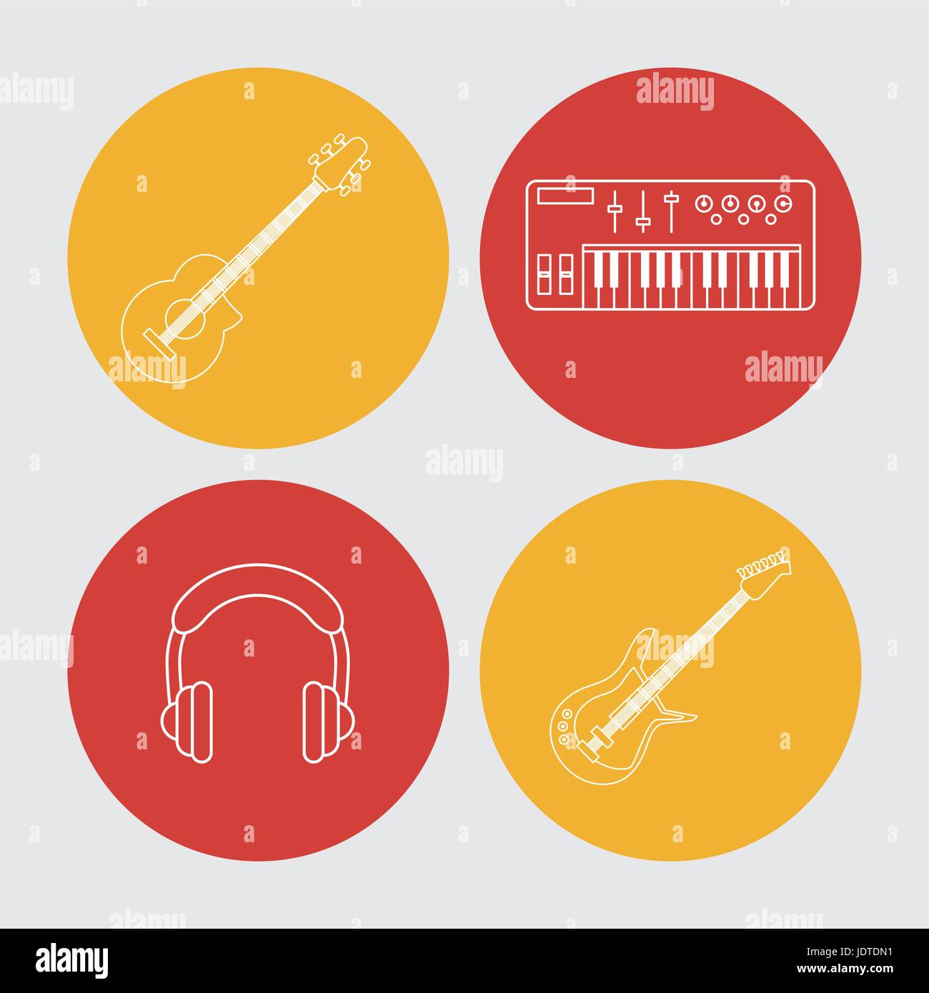 white background with colorful round frames with musical instruments ...