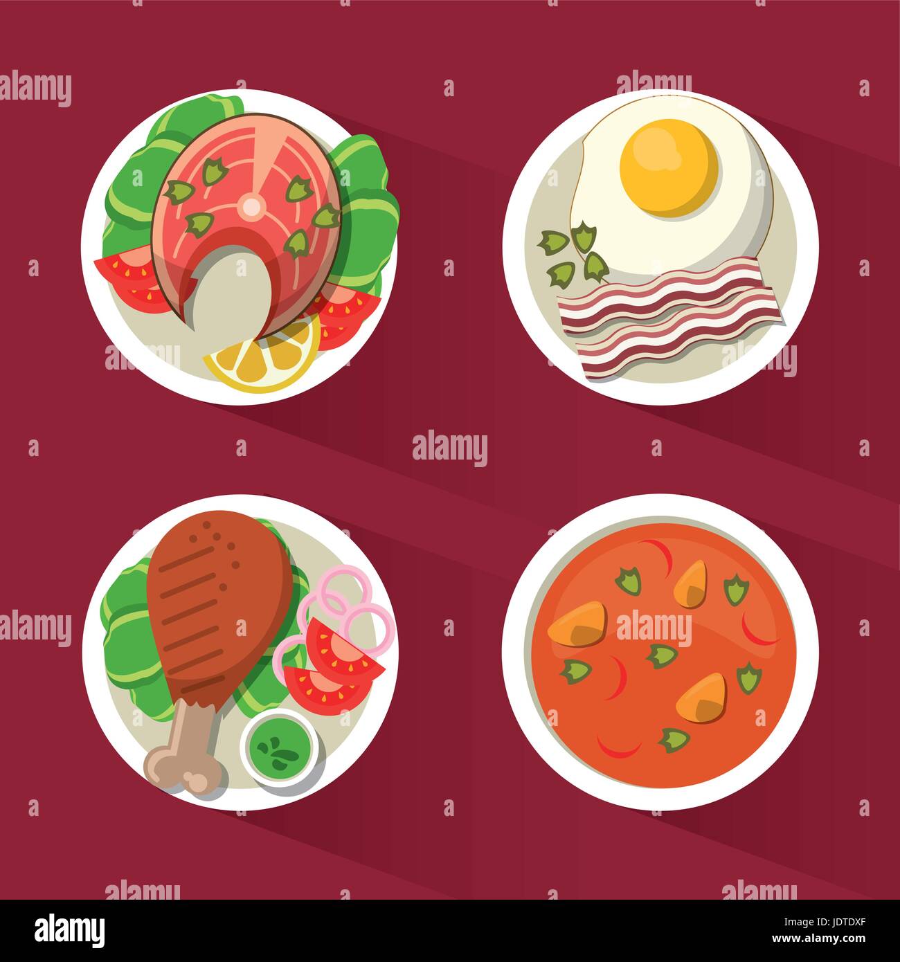 colorful background with dish foods with chicken and fish and soup and ...