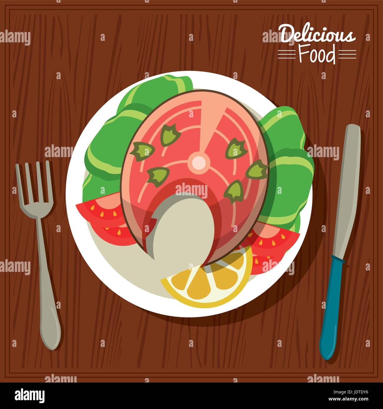 poster delicious food in kitchen table background and cutlery with dish ...