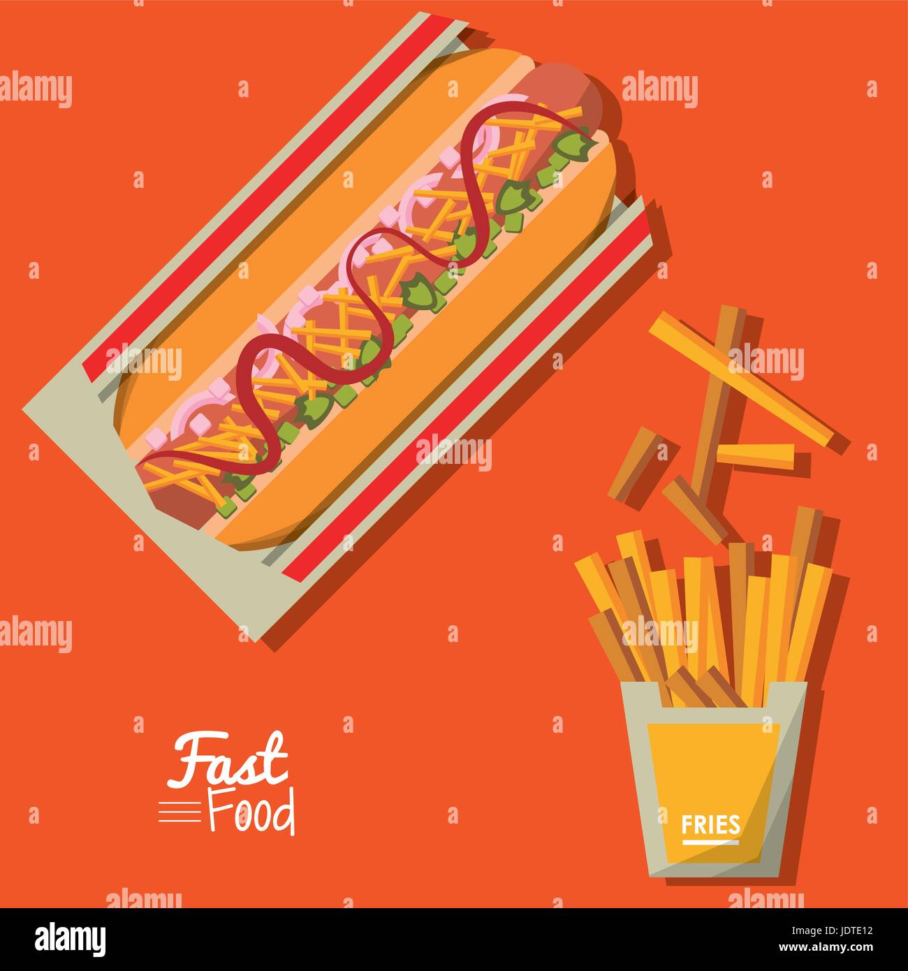 poster fast food in orange background with hotdog and fries Stock ...