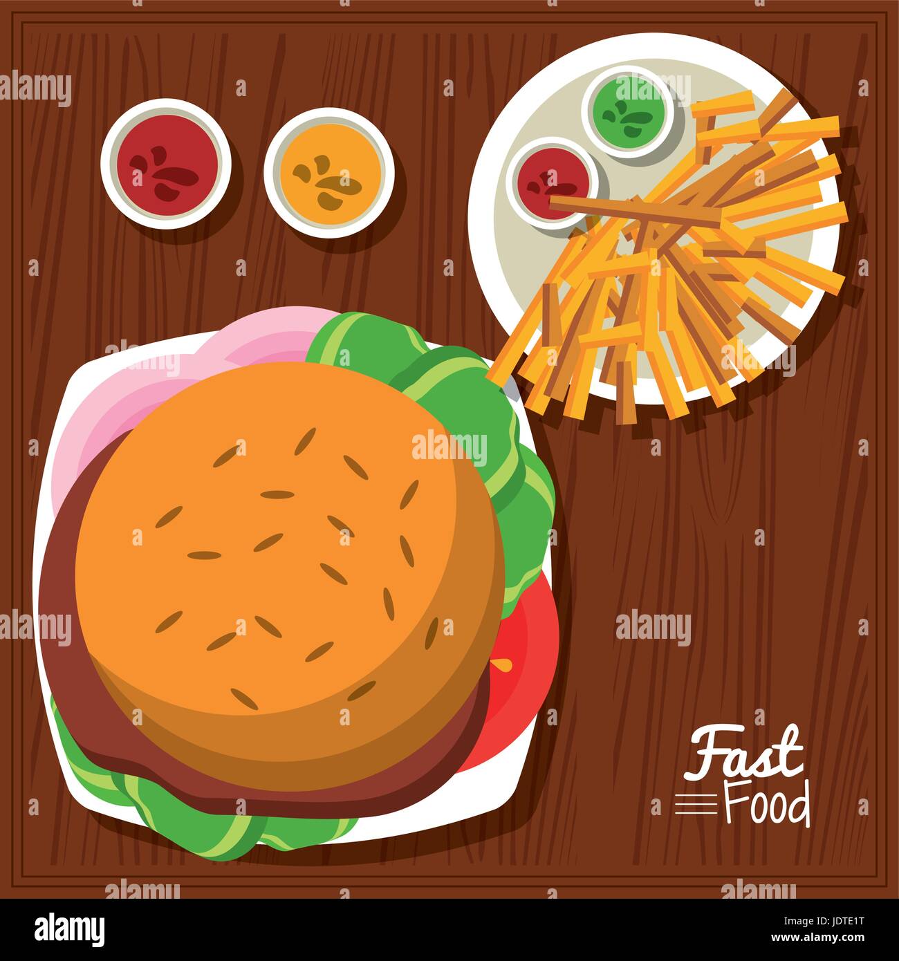 poster fast food in kitchen table background with burger and sauces and ...
