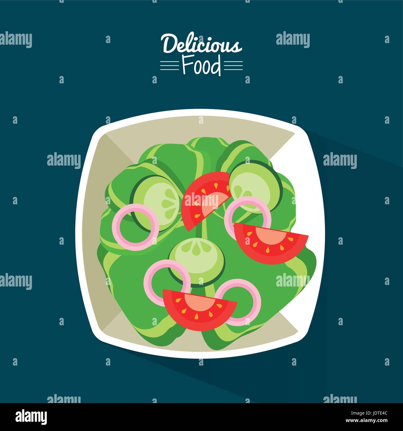 poster delicious food in blue background with dish of salad of ...