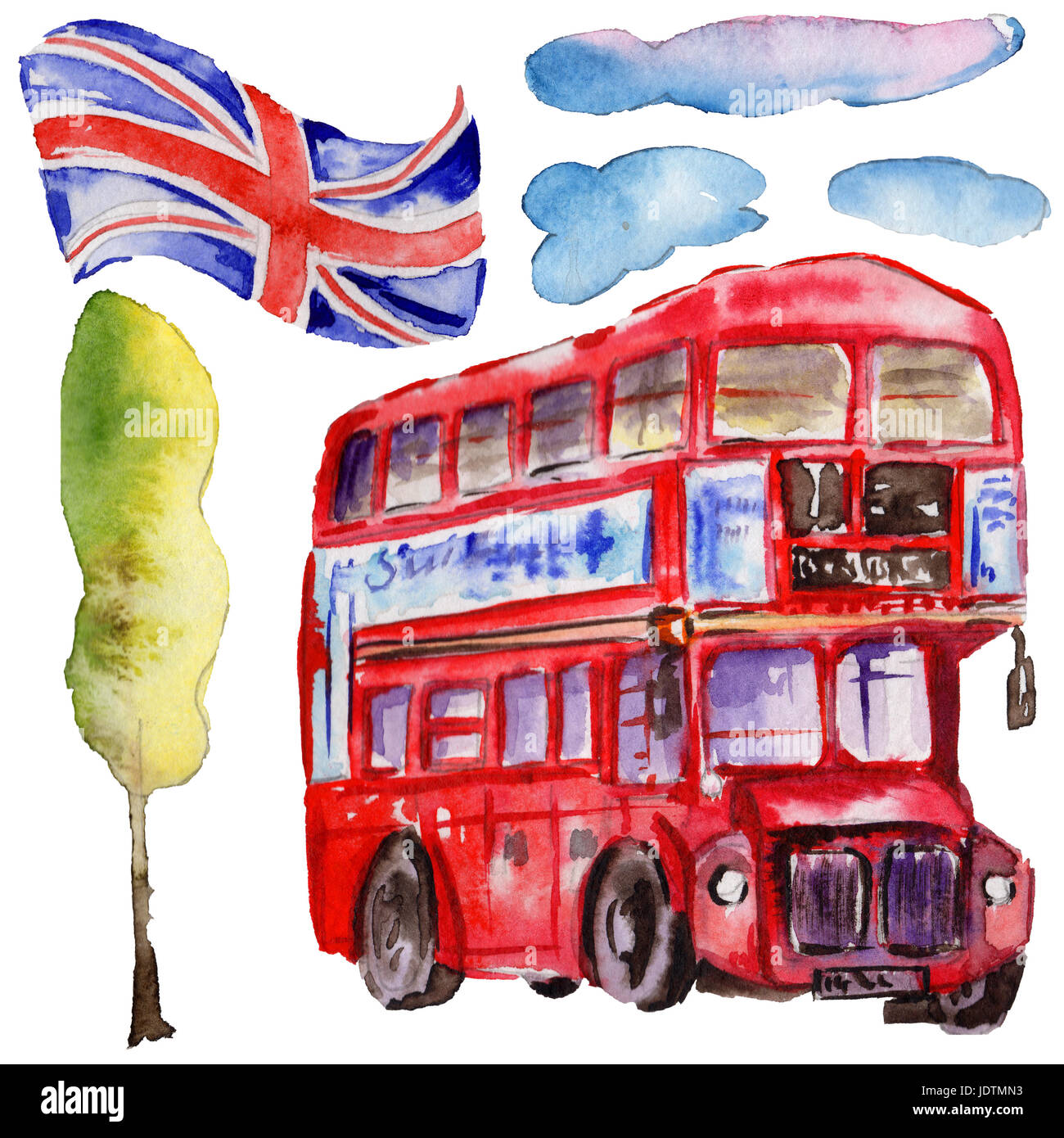 Watercolor London illustration. Great Britain hand drawn symbols ...