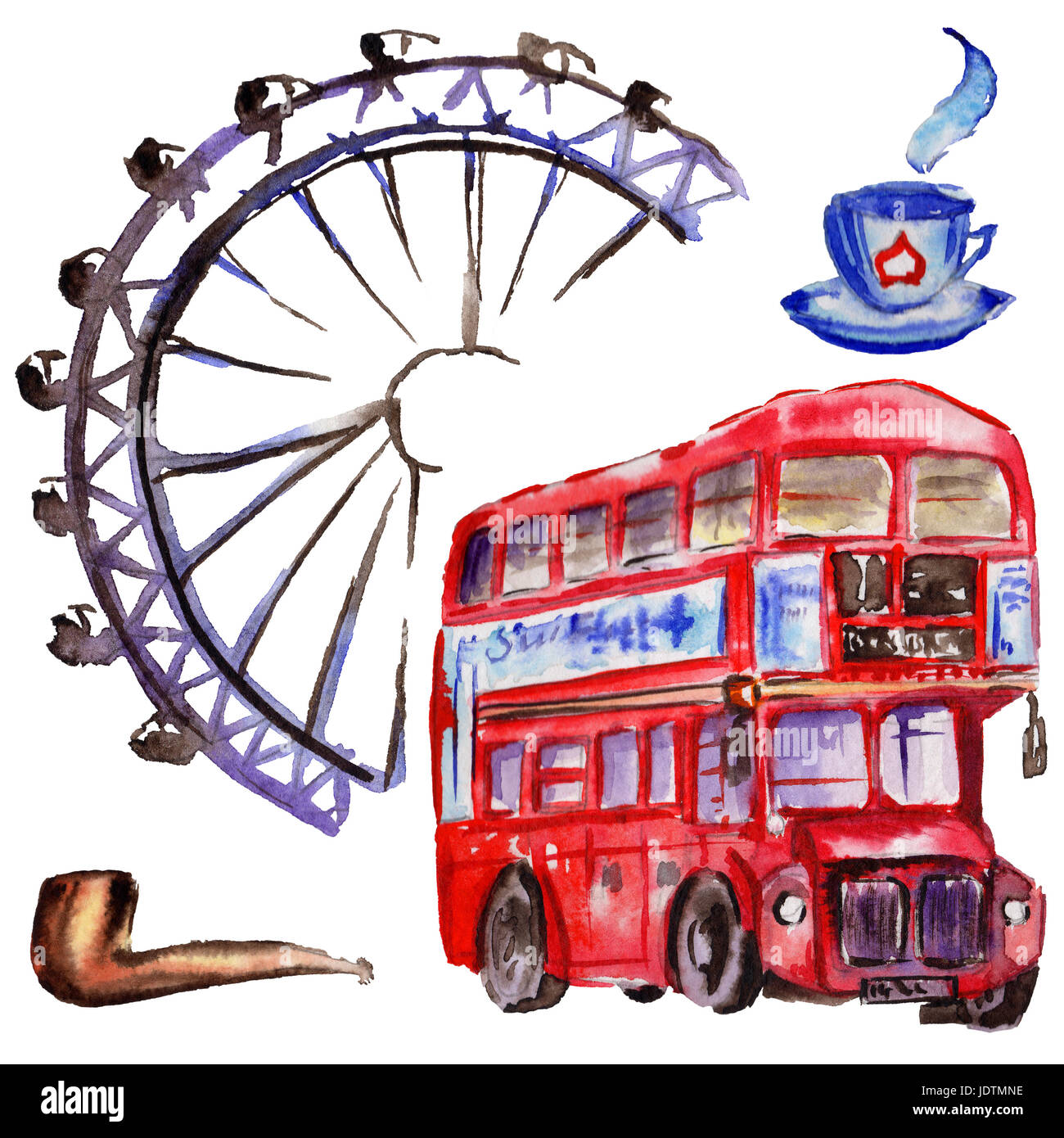 Watercolor London illustration. Great Britain hand drawn symbols ...