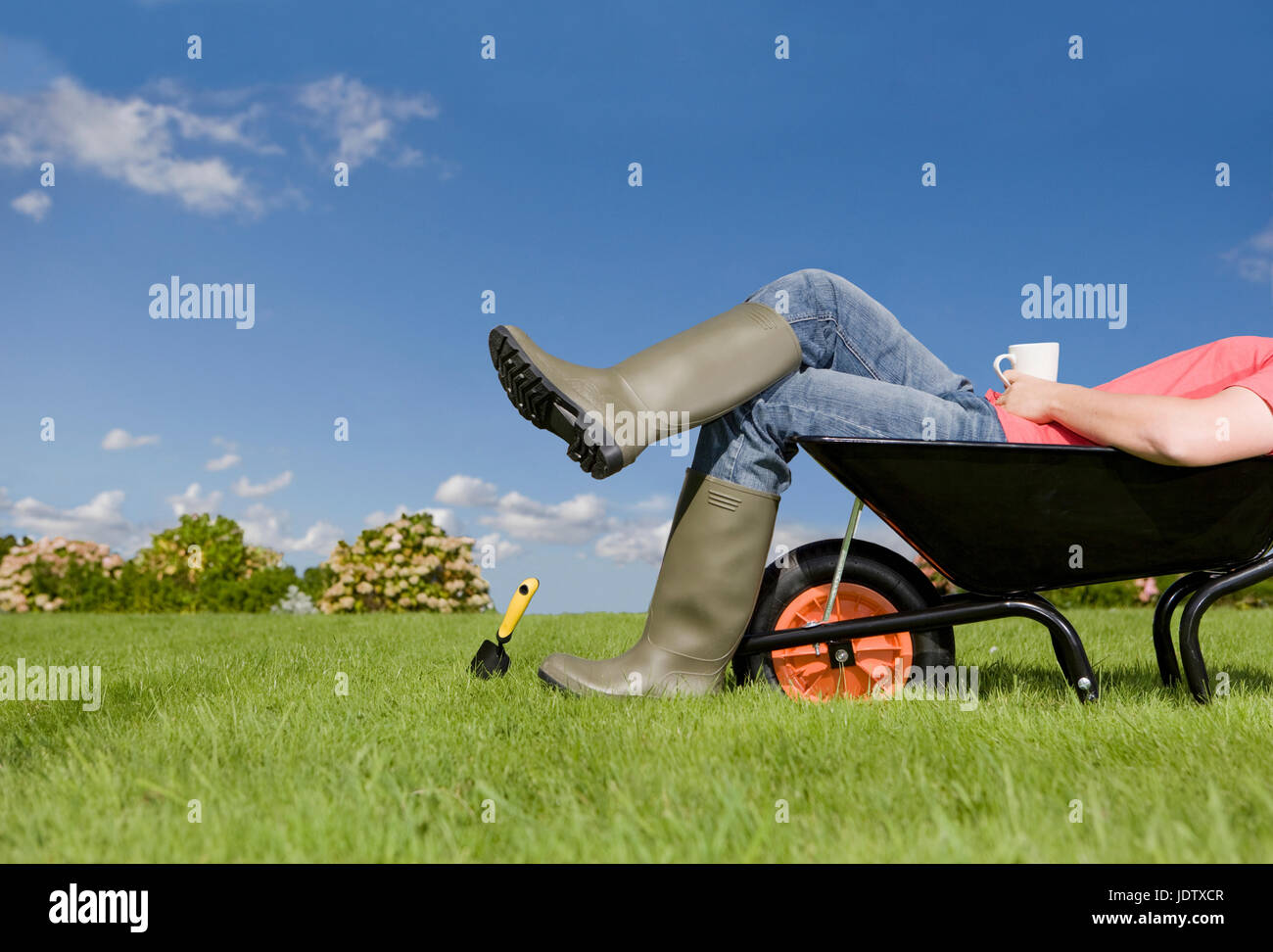 Man sitting in wheelbarrow Stock Photo - Alamy