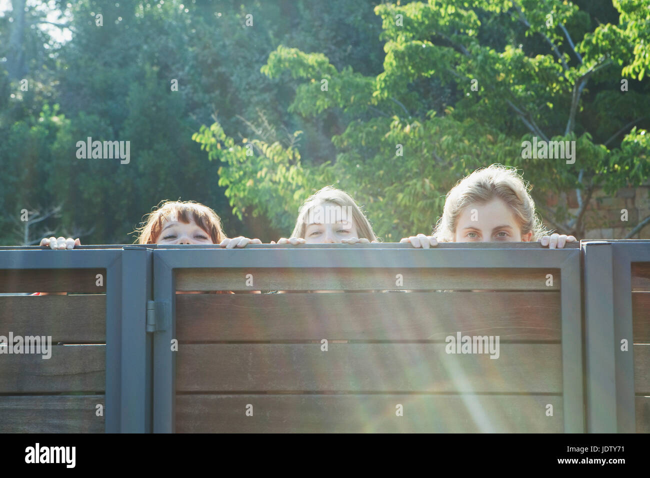 Girls peering over wooden fence Stock Photo - Alamy