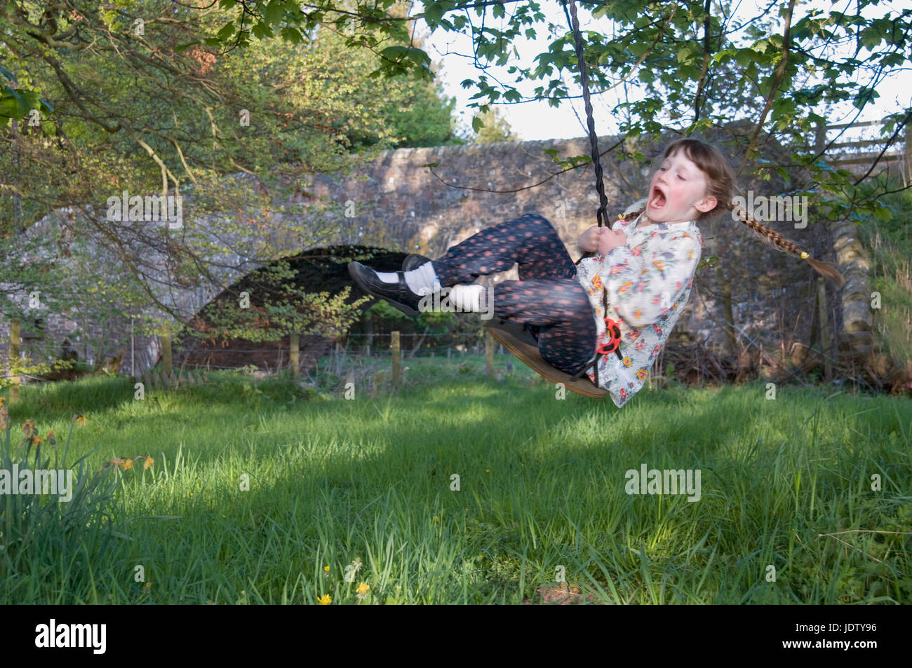 Girl spinning on tree swing Stock Photo - Alamy