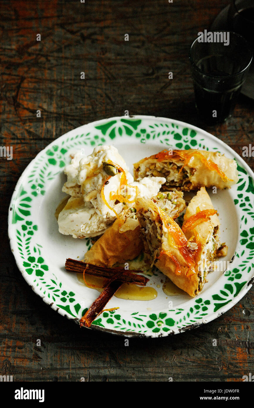 Plate of pastries with ice cream Stock Photo - Alamy