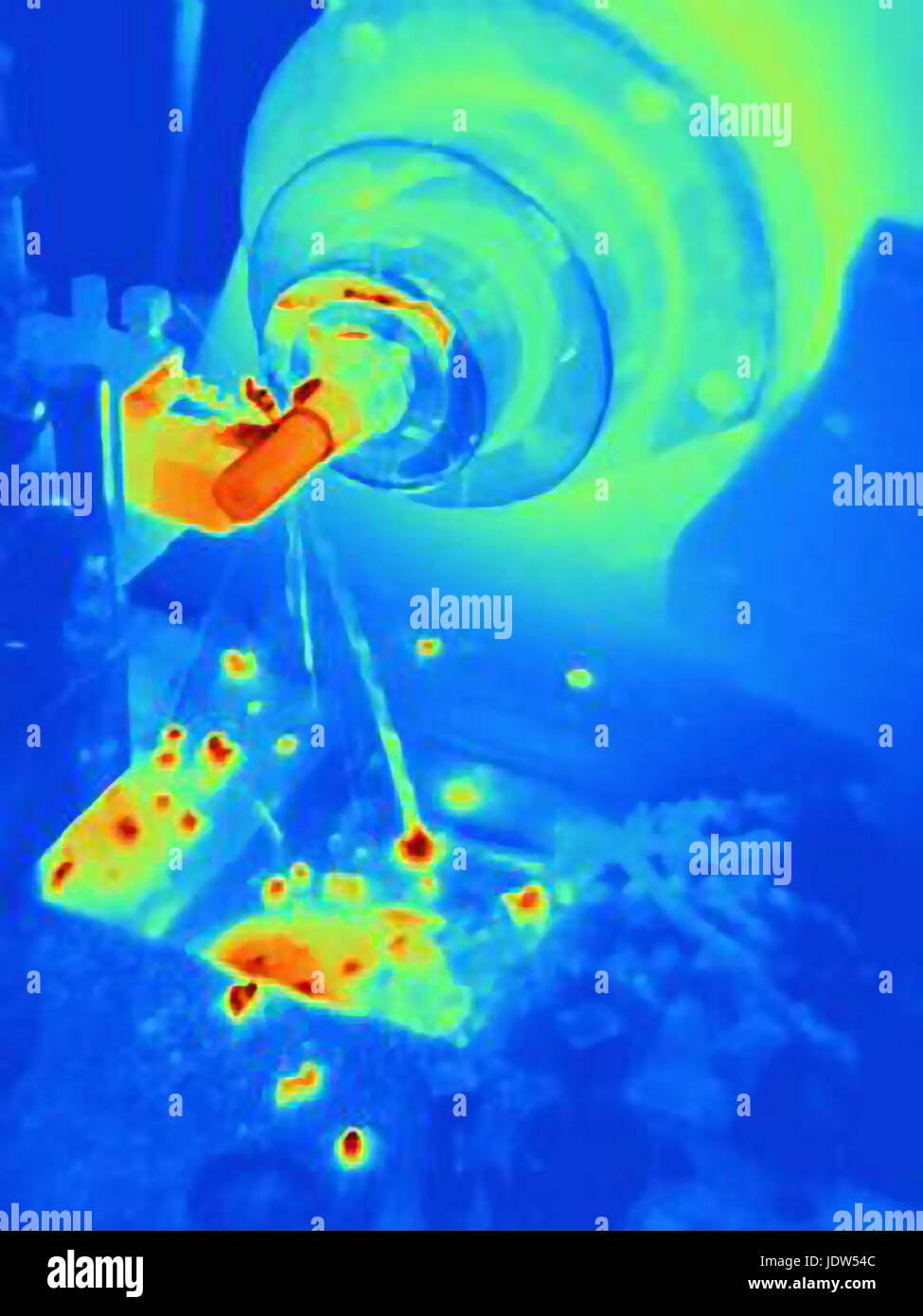 Thermal image of turning a part on a lathe, showing heat buildup on ...