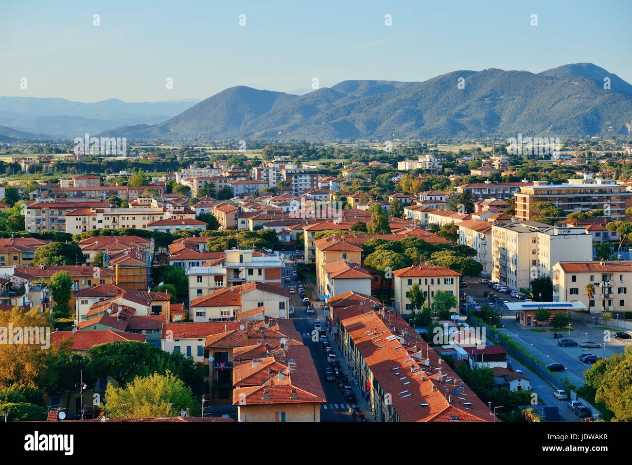 Pisa city viewed from the leaning tower at sunset in Italy Stock Photo ...