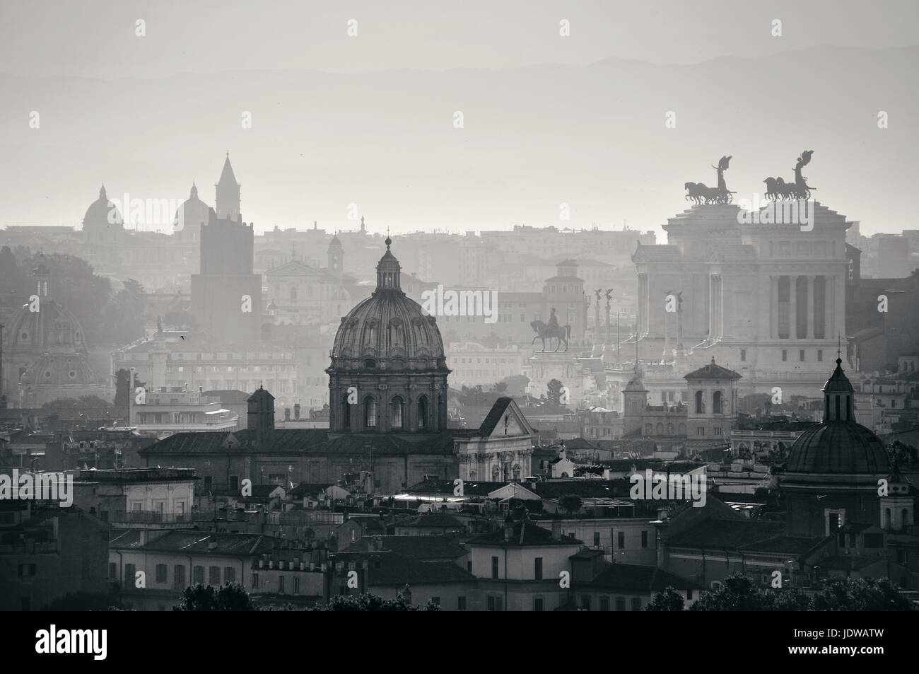 Rome rooftop view at sunrise silhouette black and white with ancient ...