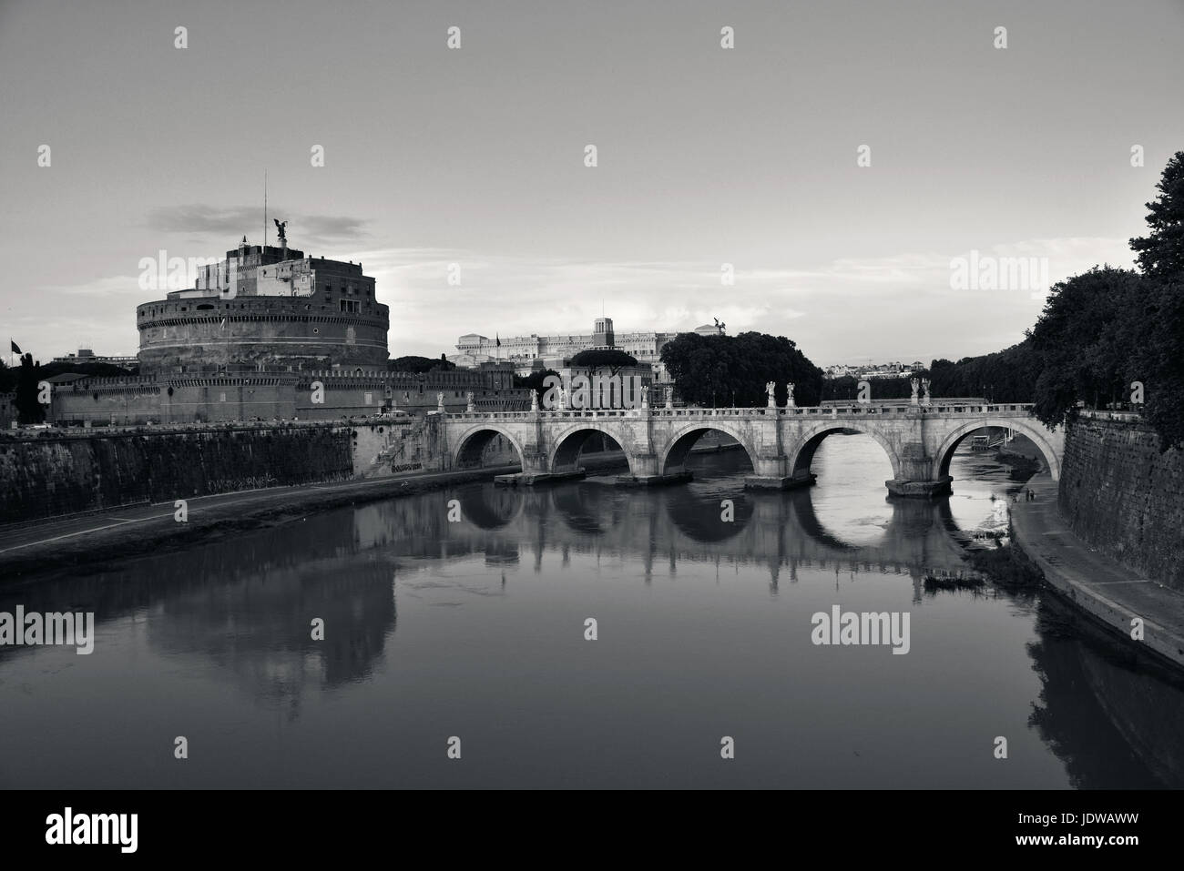 Castel Sant Angelo and bridge over River Tiber in Rome, Italy, in black and white Stock Photo ...