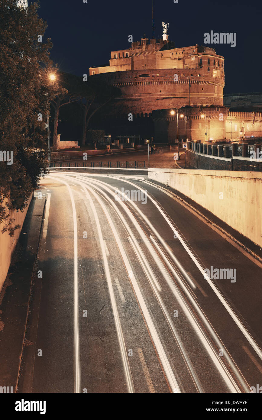 Castel Sant Angelo at night with light trail in Rome, Italy Stock Photo ...