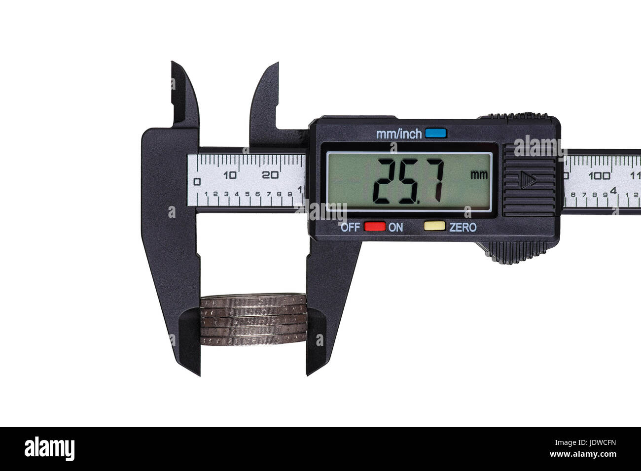 Digital caliper measures the diameter of euro coins. Objects isolated ...