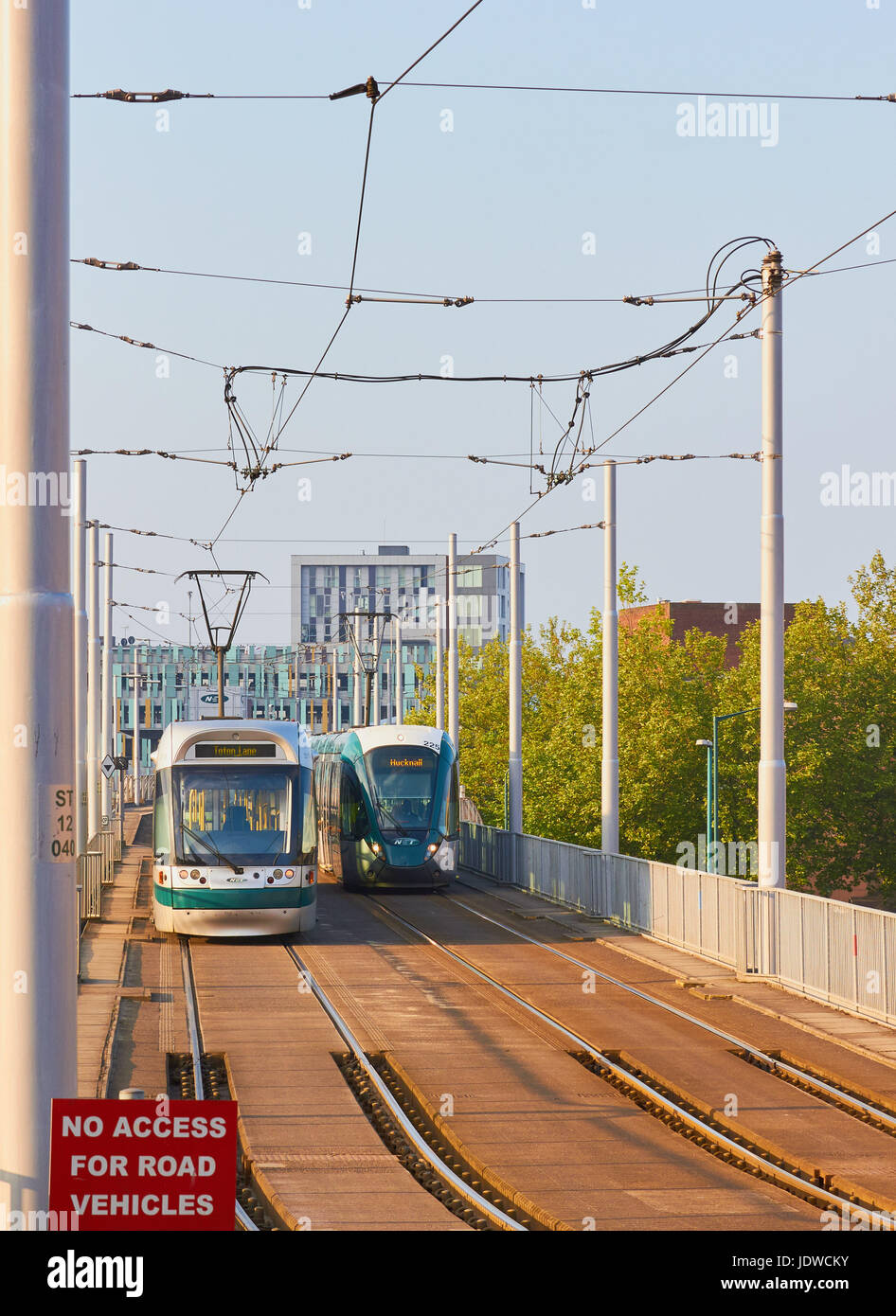 Two trams passing, Nottingham, Nottinghamshire, east Midlands, England ...