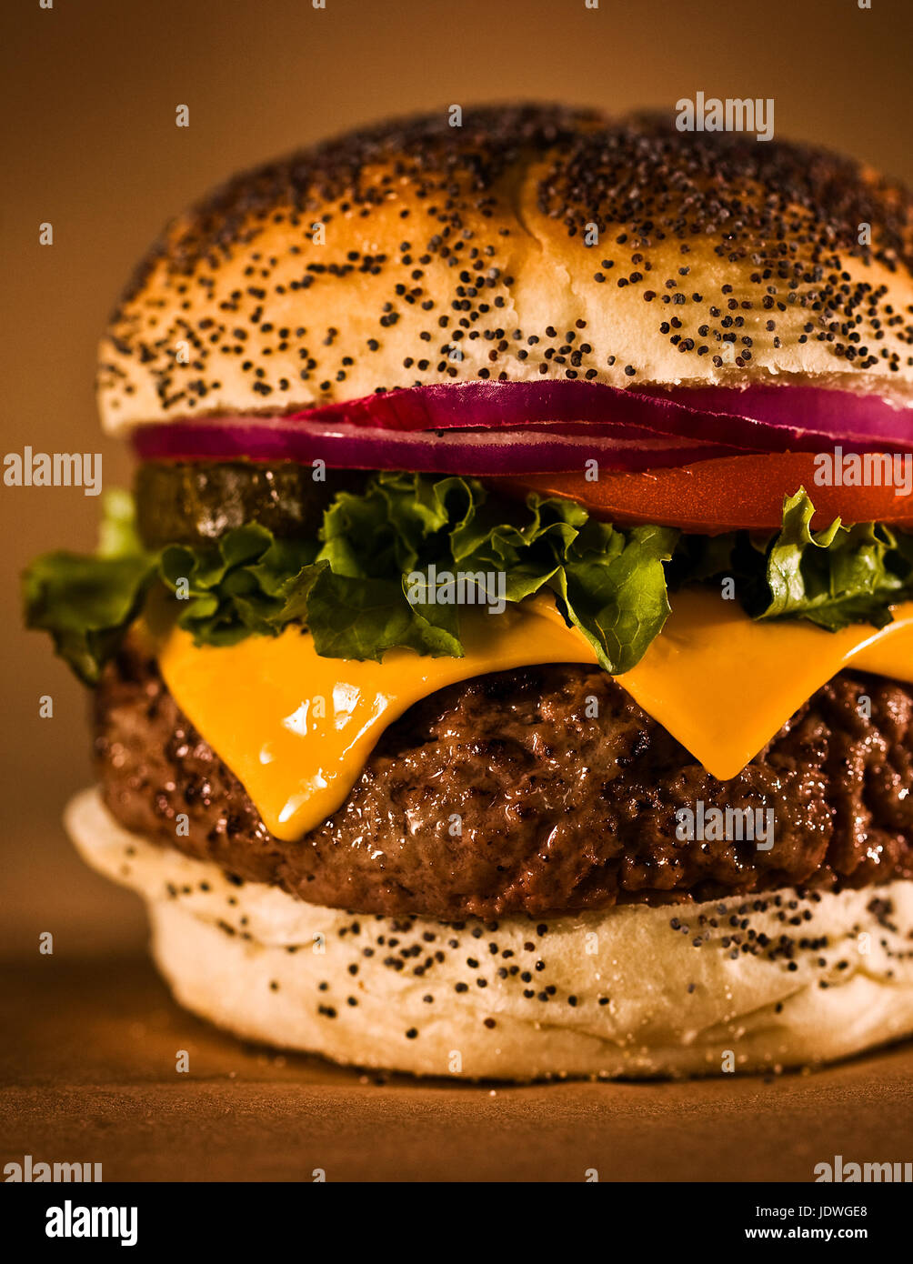 Thick cheeseburger on poppy seed bun Stock Photo - Alamy